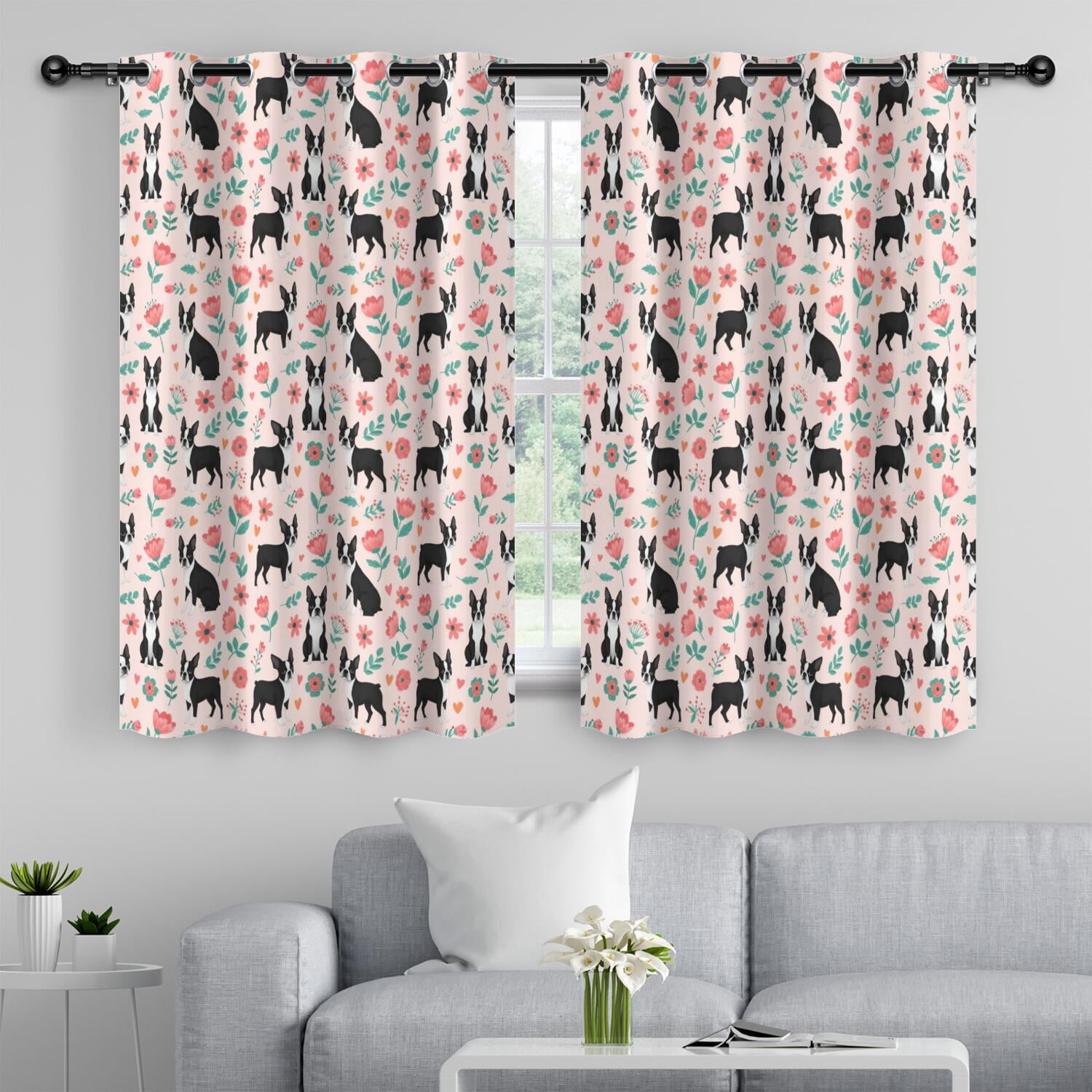 Boston Terrier and Floral Pink Pattern Blackout Curtains,Triple Weaved ...