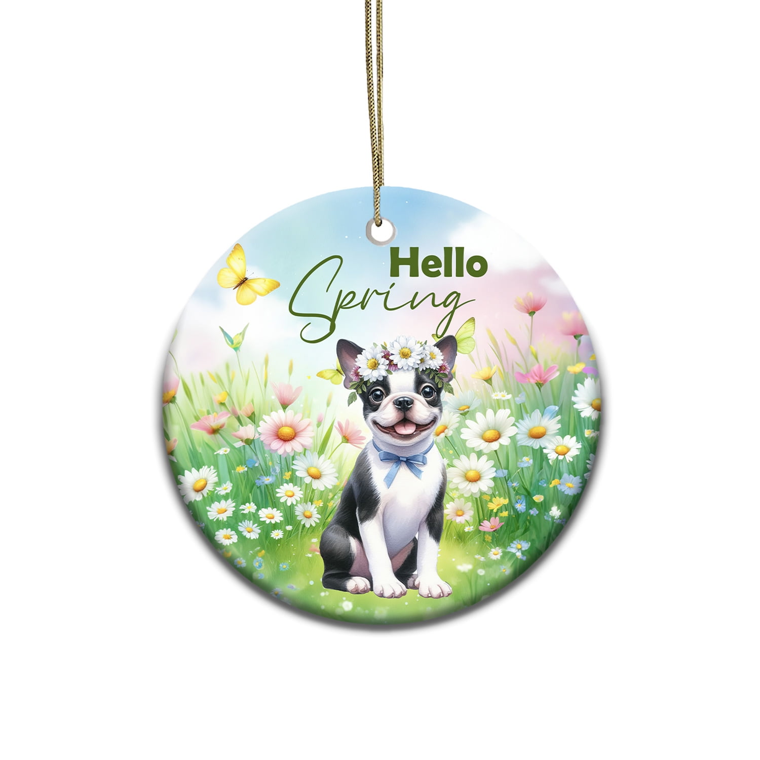 Boston Terrier Hello Spring Time Flower Floral Nature Ceramic Round ...