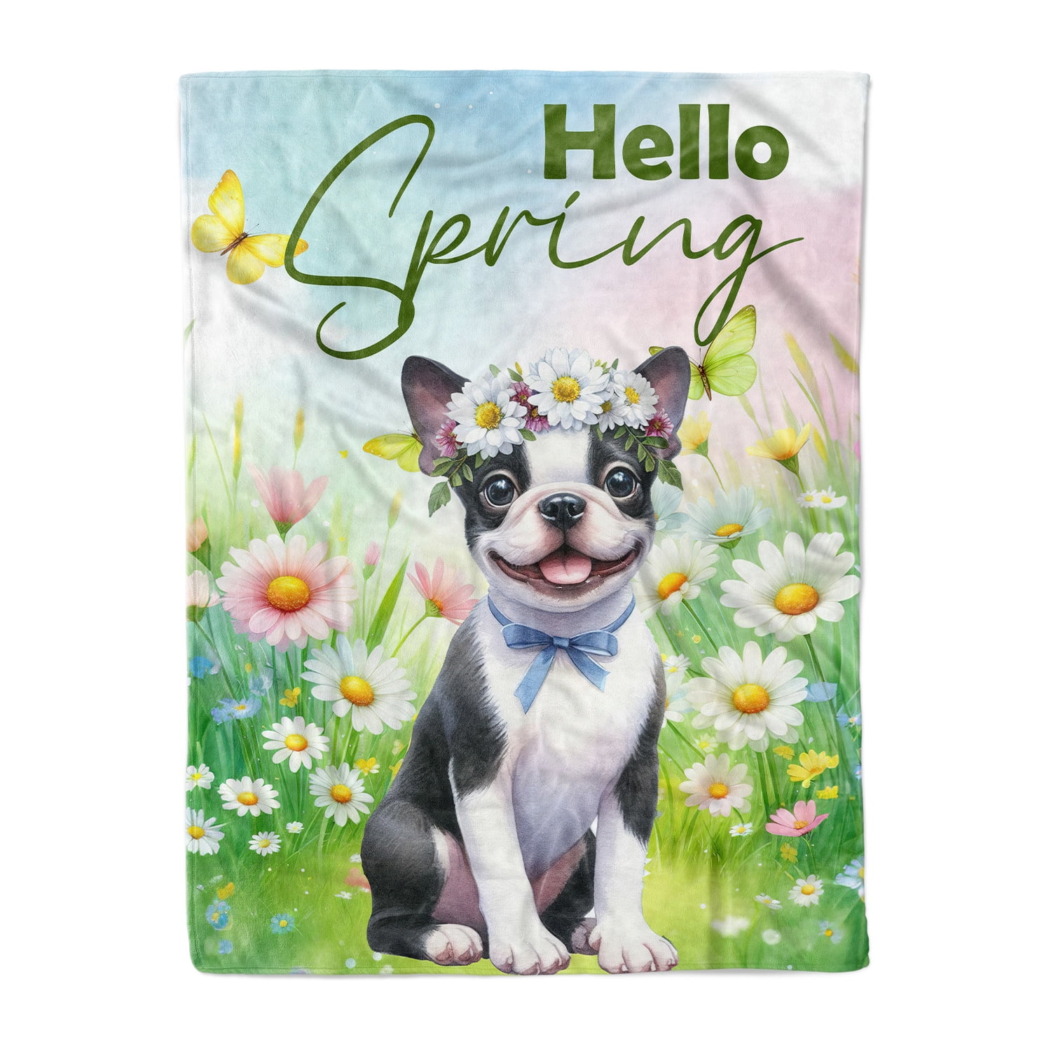 Boston Terrier Hello Spring Time Flower Floral Nature Cozy Fleece ...