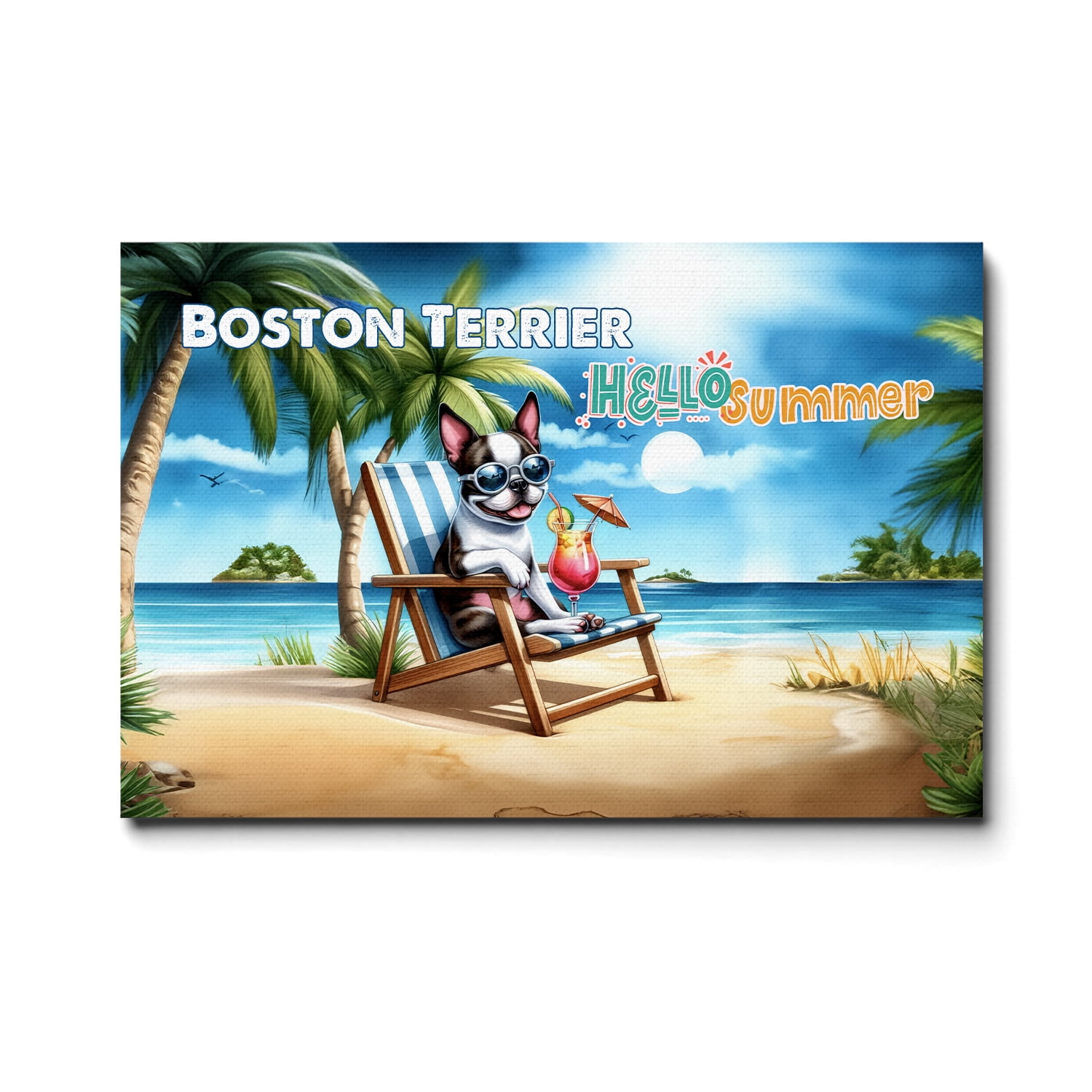 Boston Terrier Hello Summer Beach Theme with Sunglasses and Tropical ...