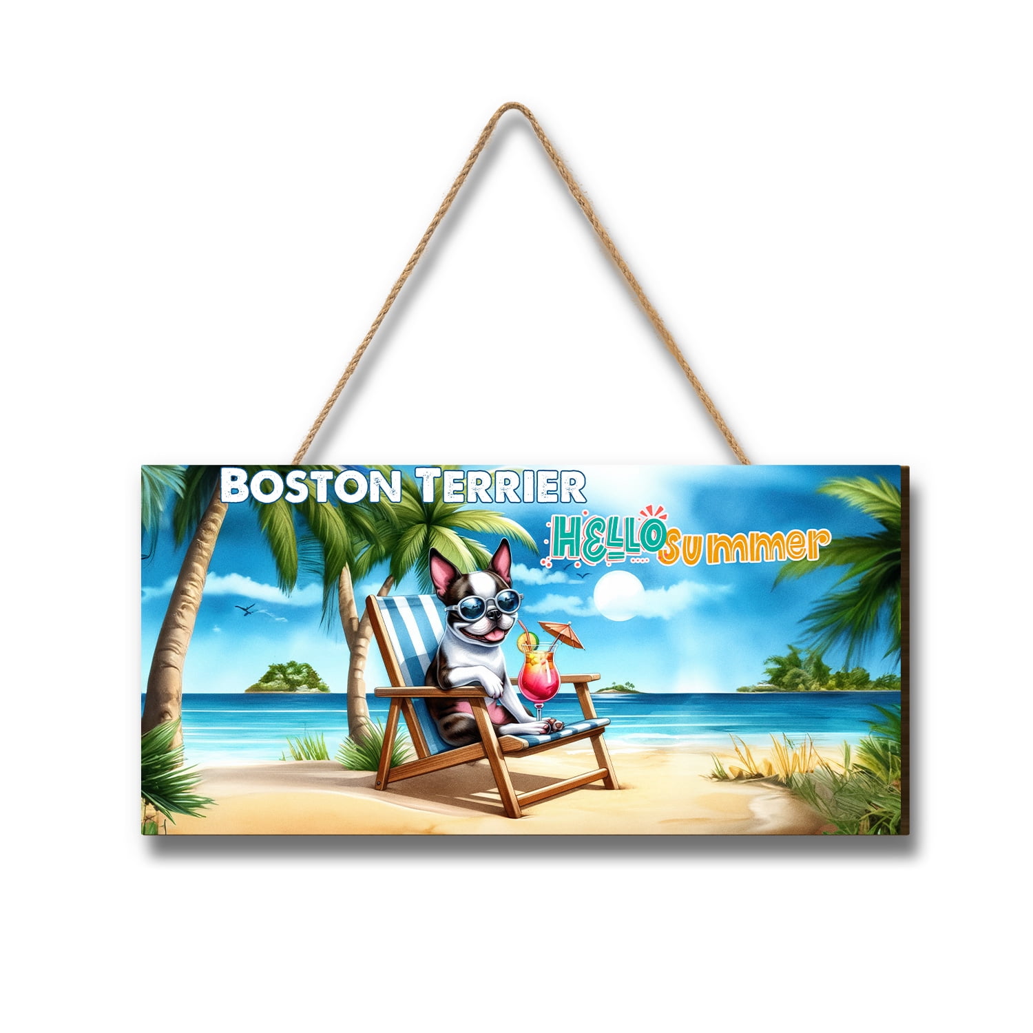Boston Terrier Hello Summer Beach Theme with Sunglasses and Tropical ...