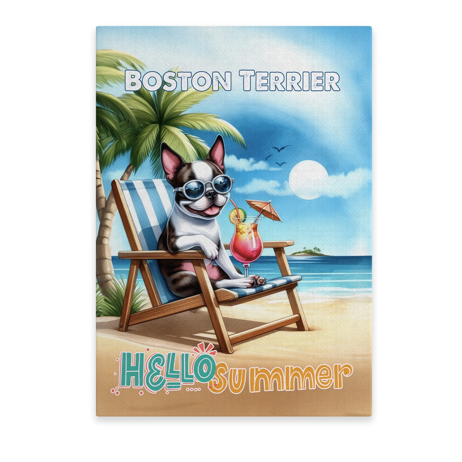 Boston Terrier Hello Summer Beach Theme with Sunglasses and Tropical ...