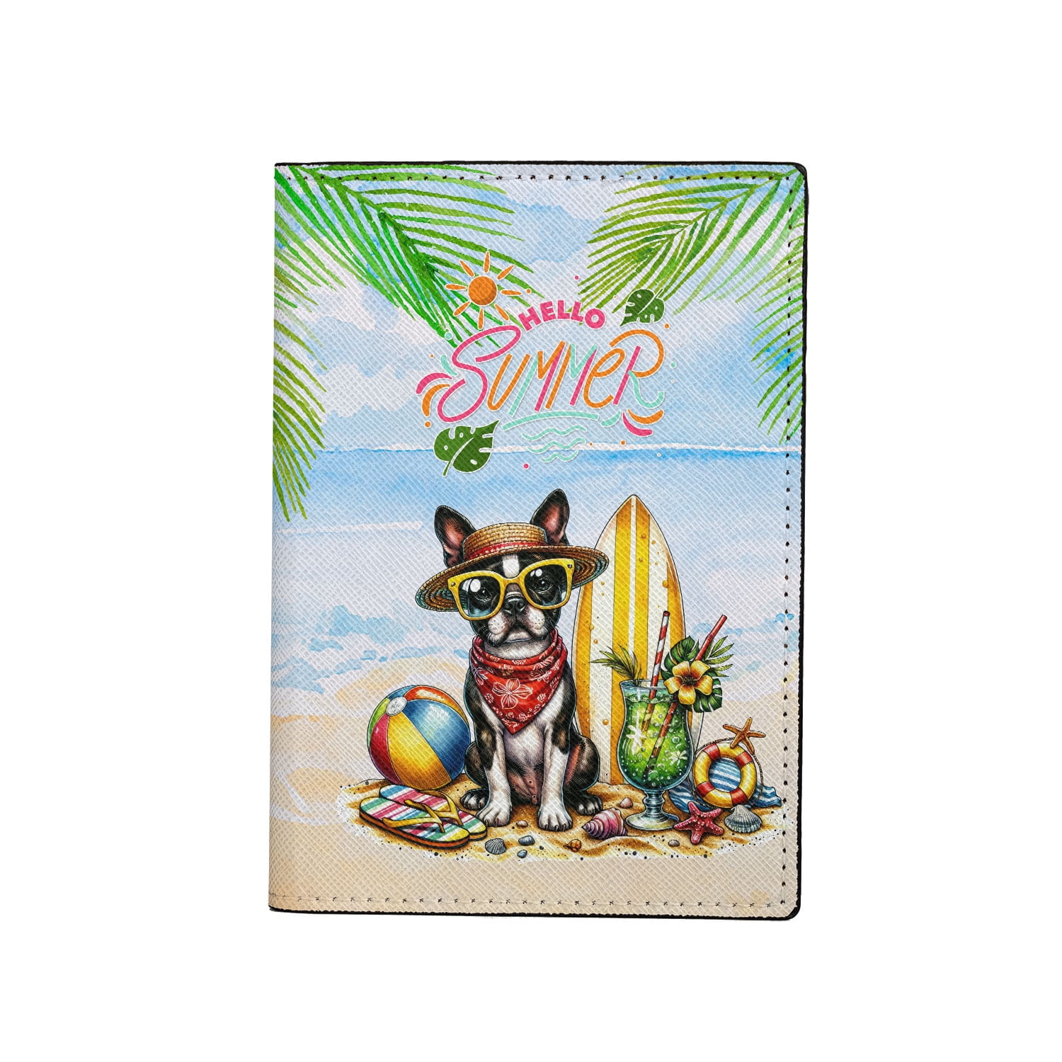 Boston Terrier Hello Summer with Sunglasses and Surfboard Tropical ...