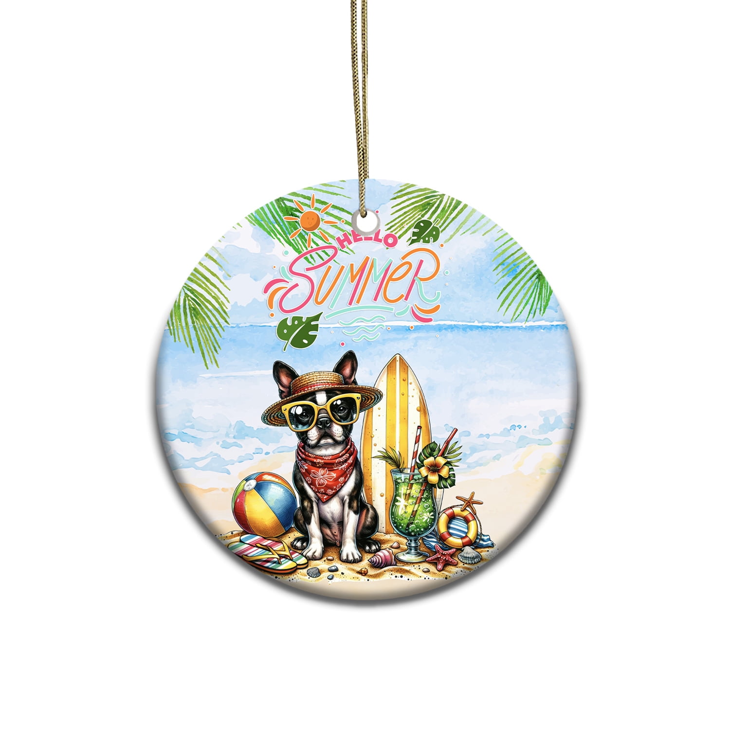 Boston Terrier Hello Summer with Sunglasses and Surfboard Tropical ...