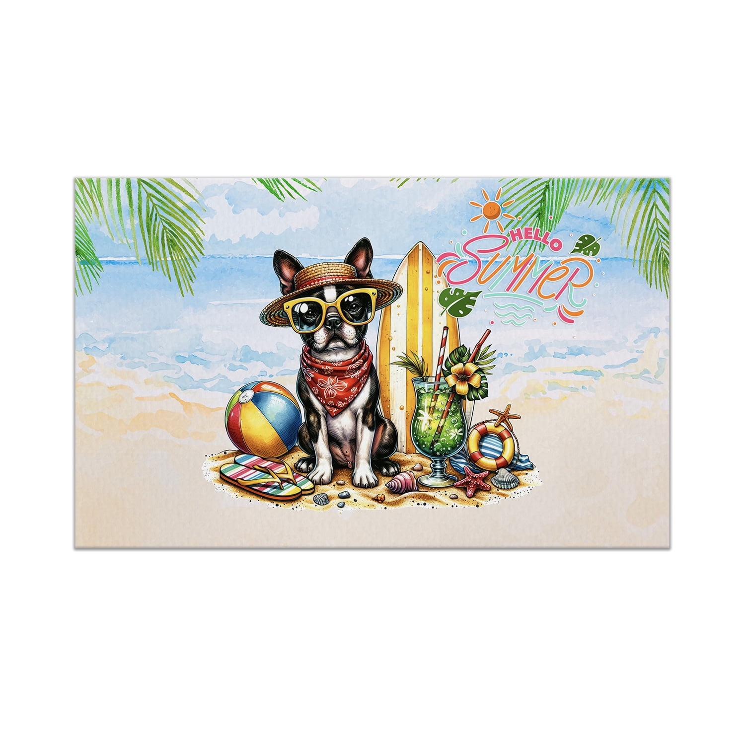 Boston Terrier Hello Summer with Sunglasses and Surfboard Tropical ...