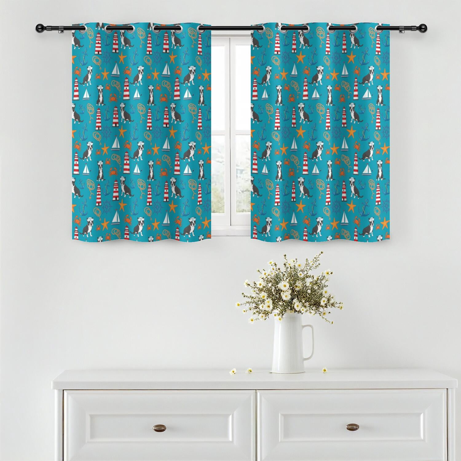 Boston Terrier and Nautical Blue Pattern Blackout Curtains,Triple ...