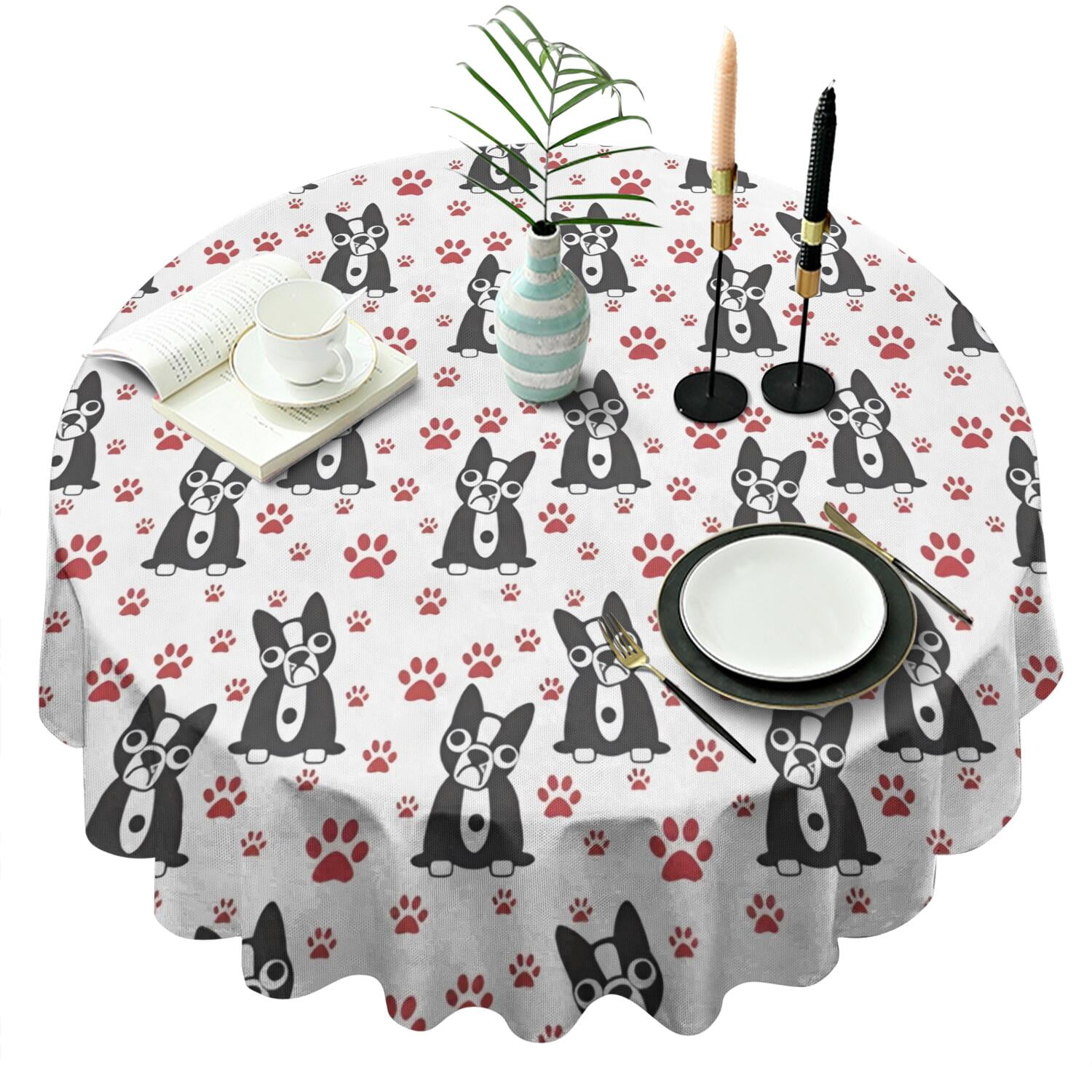 Boston Terrier Puppy Dog Round Tablecloth 60"x60",Wrinkle Wipeable ...