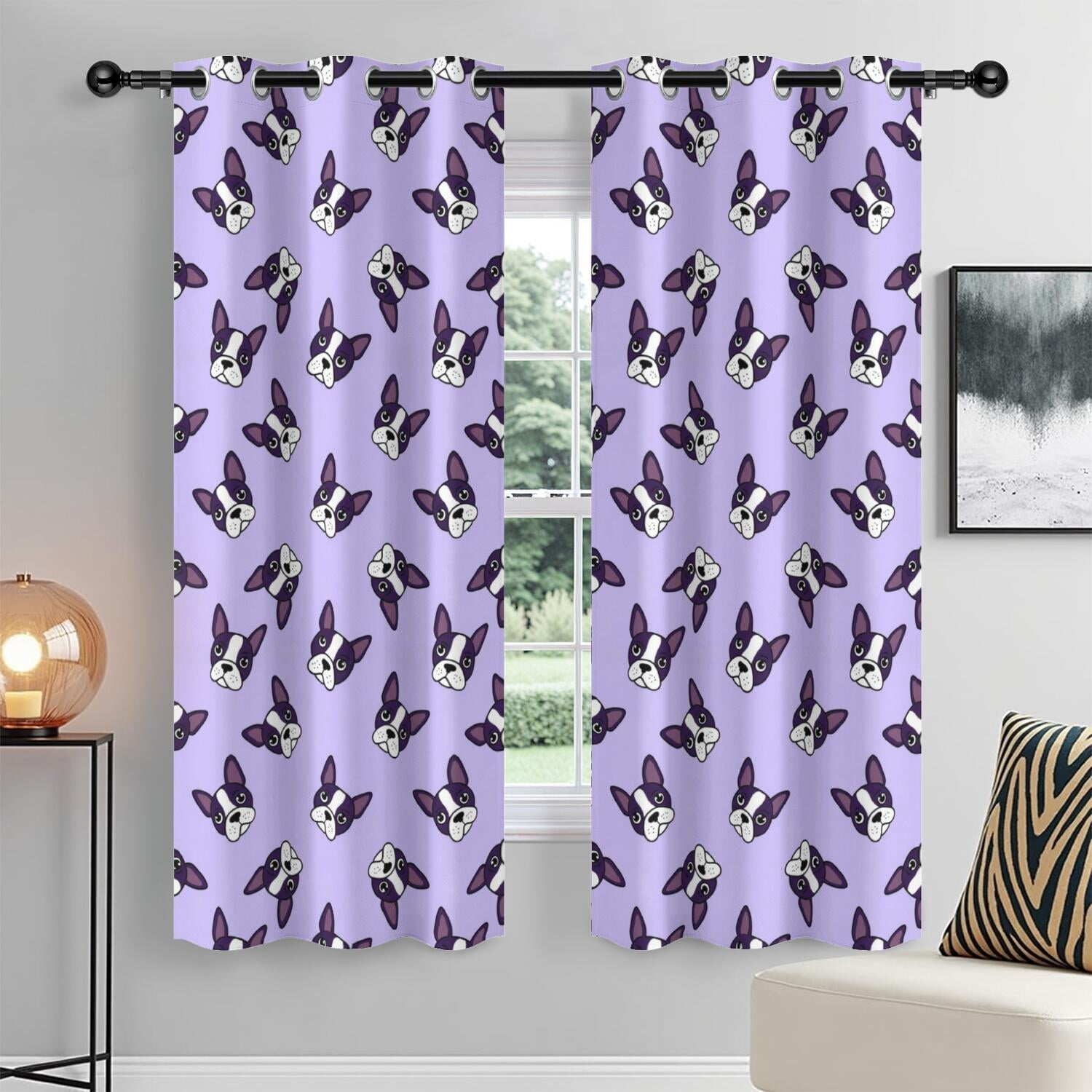 Boston Terrier Purple Pattern Blackout Curtains,Triple Weaved Fabric ...