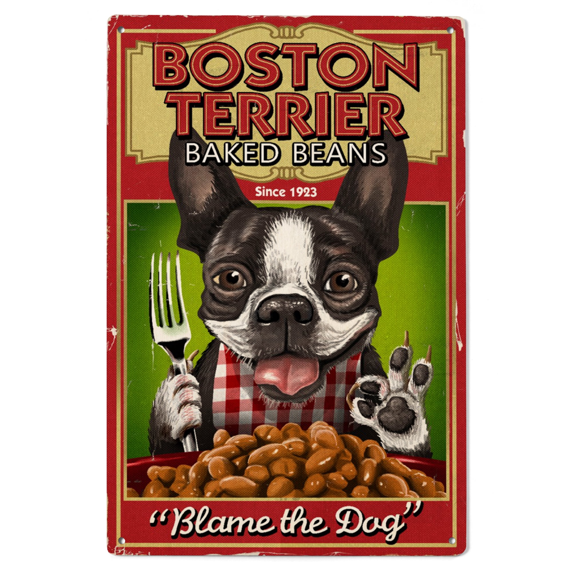 Boston Terrier, Retro Baked Beans Ad Birch Wood Wall Sign (6x9 Rustic Home Decor, Ready to Hang ...