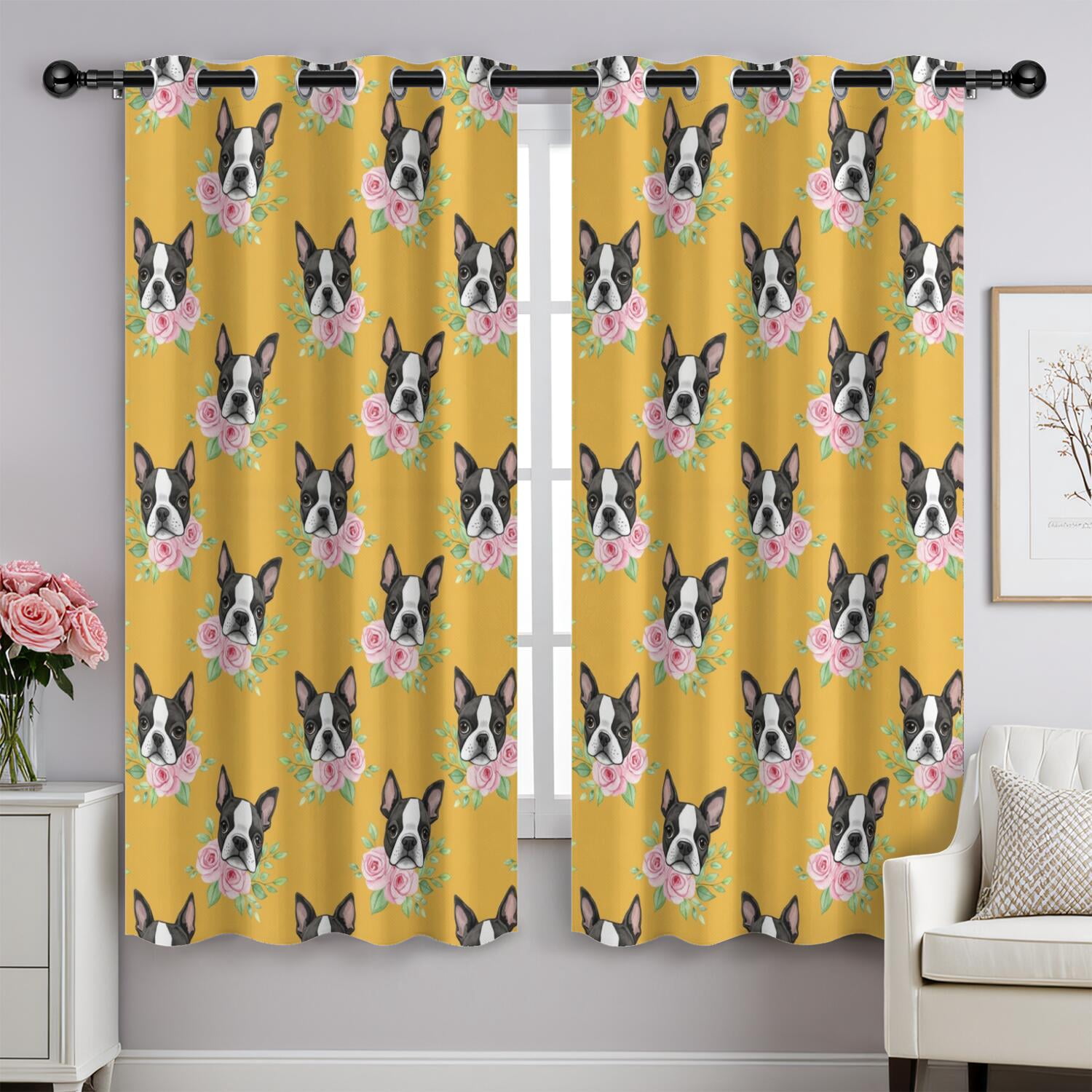 Boston Terrier and Rose Orange Pattern Blackout Curtains,Triple Weaved ...