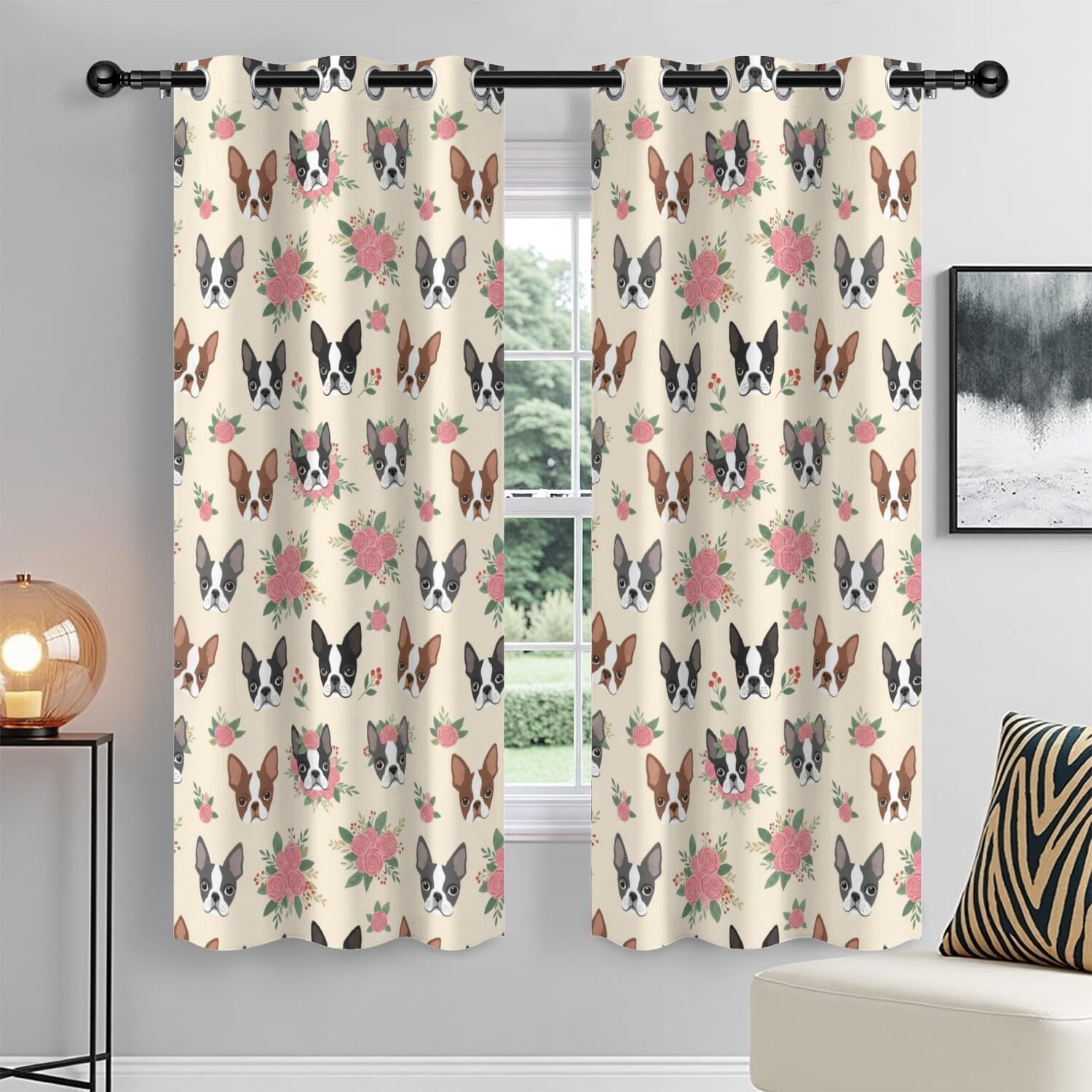 Boston Terrier and Roses Cream Pattern Blackout Curtains,Triple Weaved ...