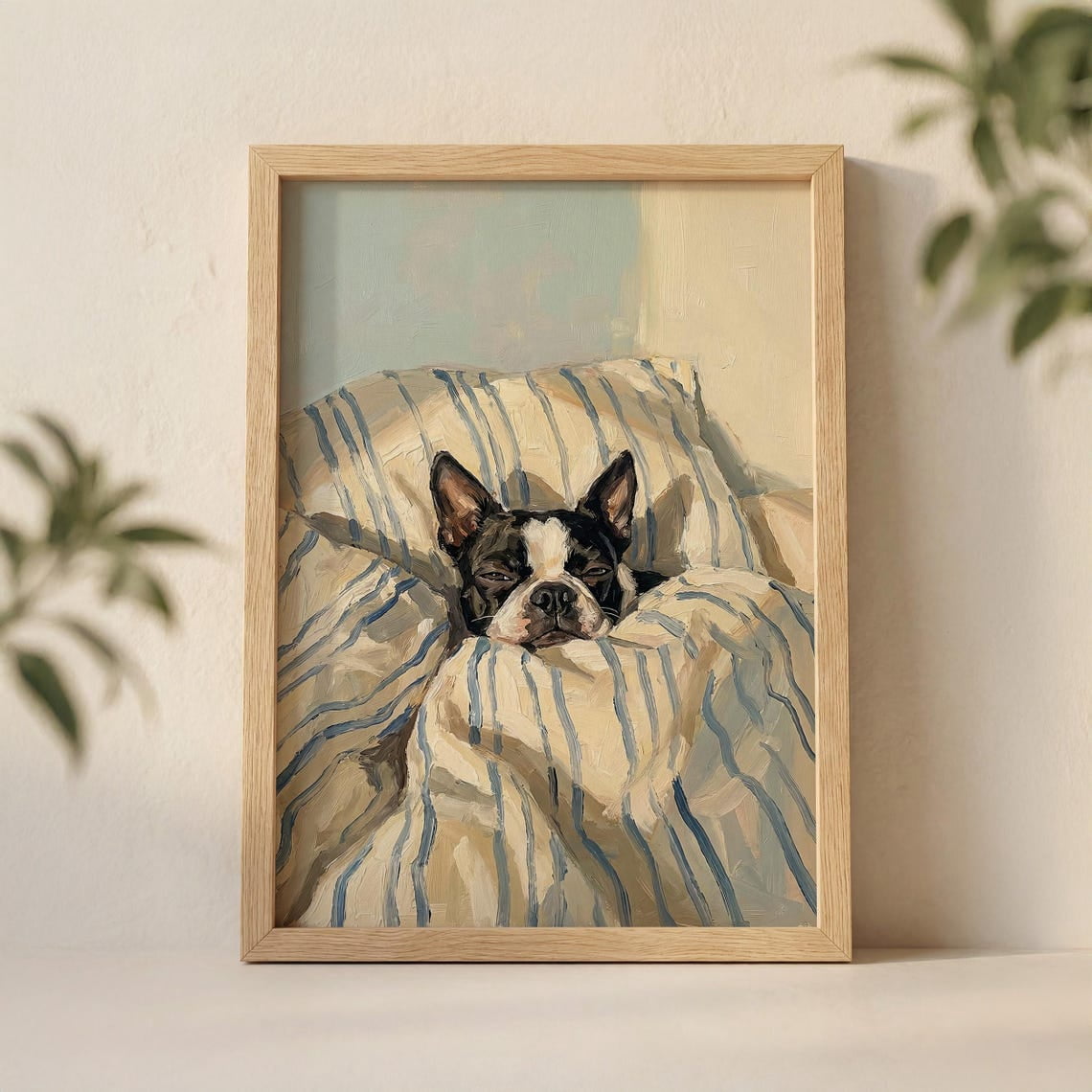 Boston Terrier Sleeping in Bed Cozy Dog Illustration with Striped ...