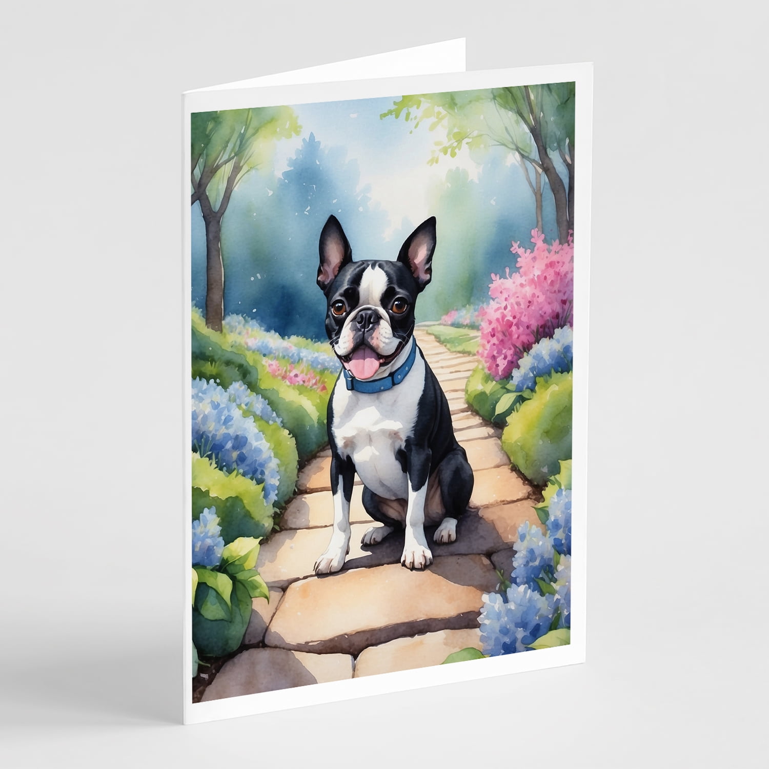 Boston Terrier Spring Path Greeting Cards Pack of 8 7 in x 5 in ...