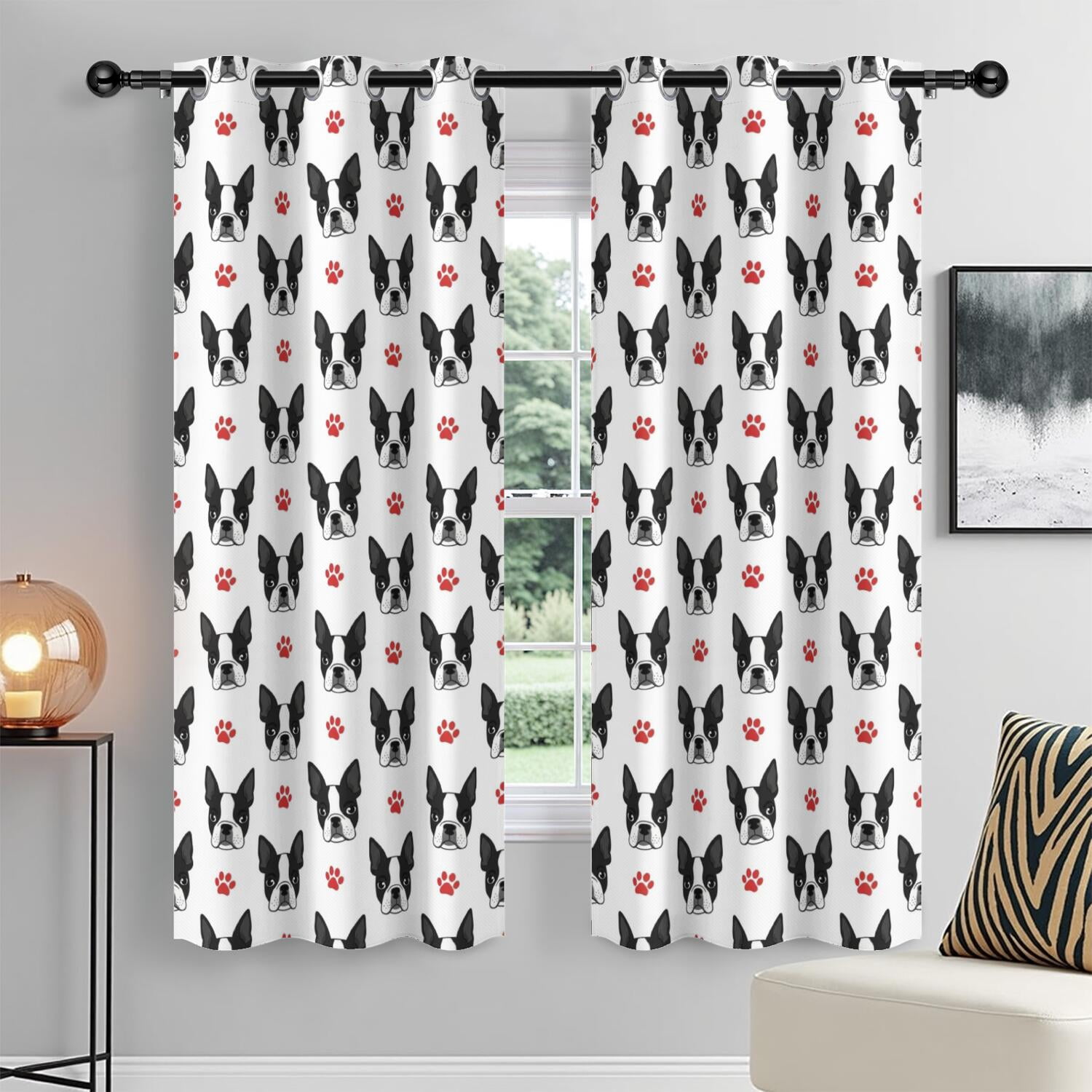 Boston Terrier and Dog Paw Print Blackout Curtains,Triple Weaved Fabric ...