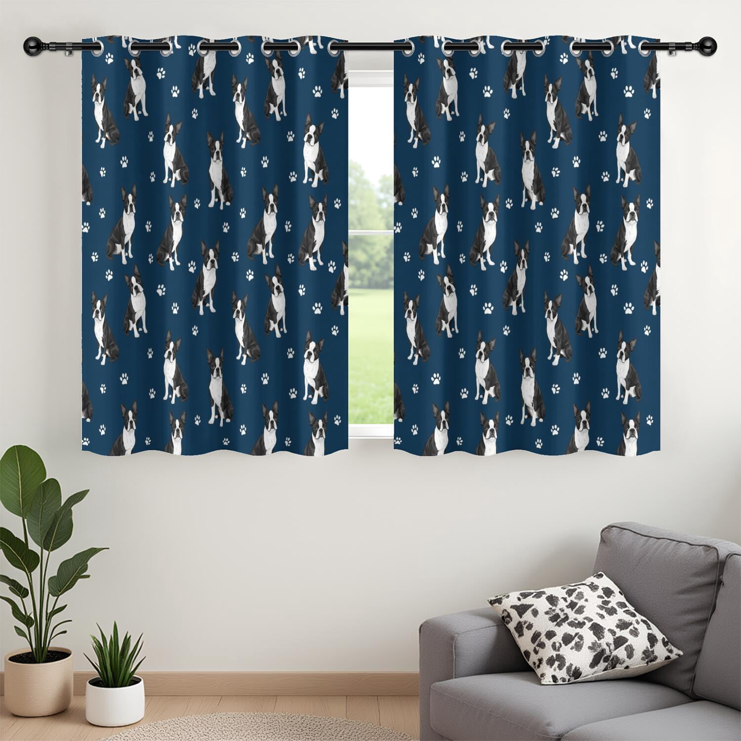 Boston Terrier and Dog Paw Print Blue Blackout Curtains,Triple Weaved ...