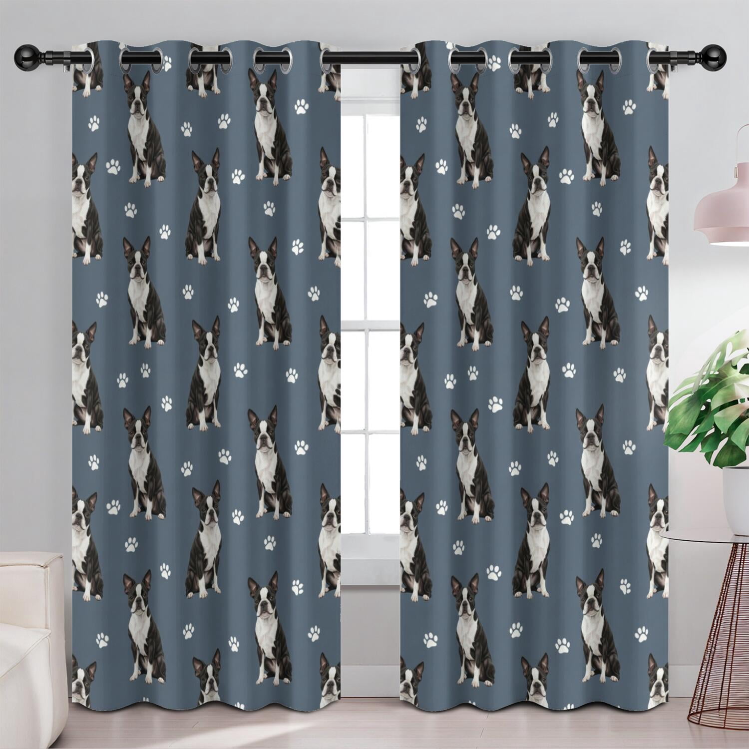 Boston Terrier and Dog Paw Print Blue Blackout Curtains,Triple Weaved ...