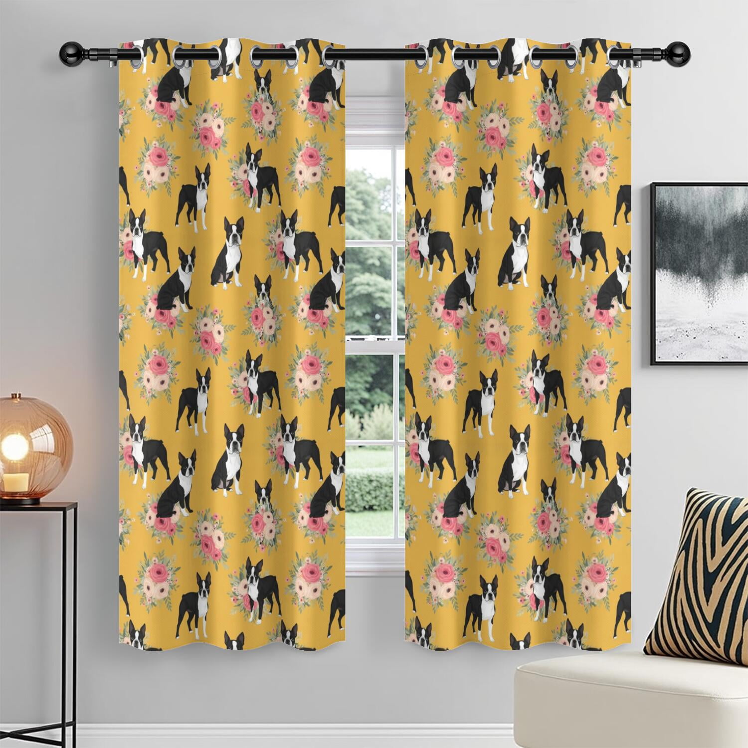 Boston Terrier and Floral Orange Blackout Curtains,Triple Weaved Fabric ...