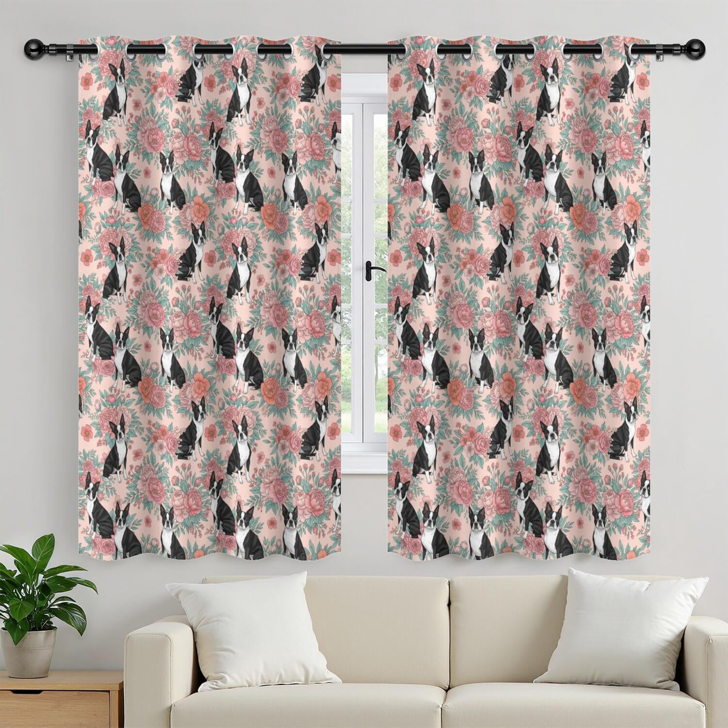 Boston Terrier and Rose Pink Pattern Blackout Curtains,Triple Weaved ...