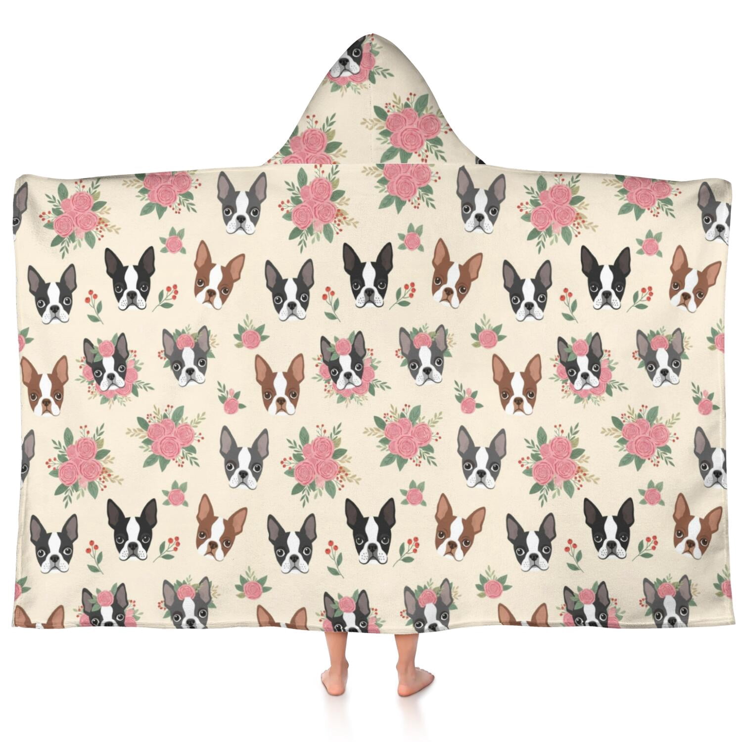 Boston Terrier and Roses Cream Pattern Teens Hooded Bath Towel Wrap for ...