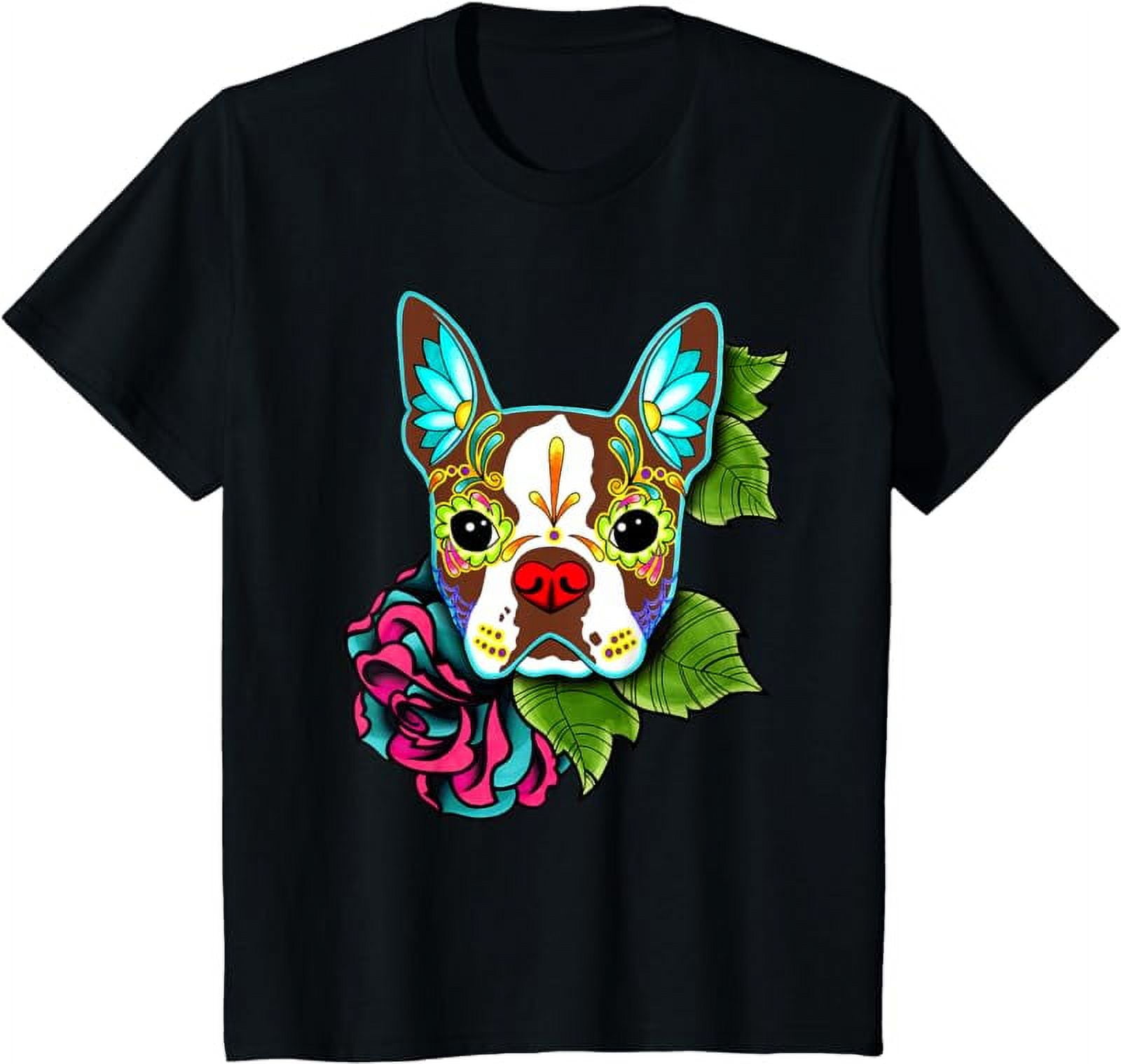 Boston Terrier in Red - Day of the Dead Sugar Skull Dog T-Shirt ...