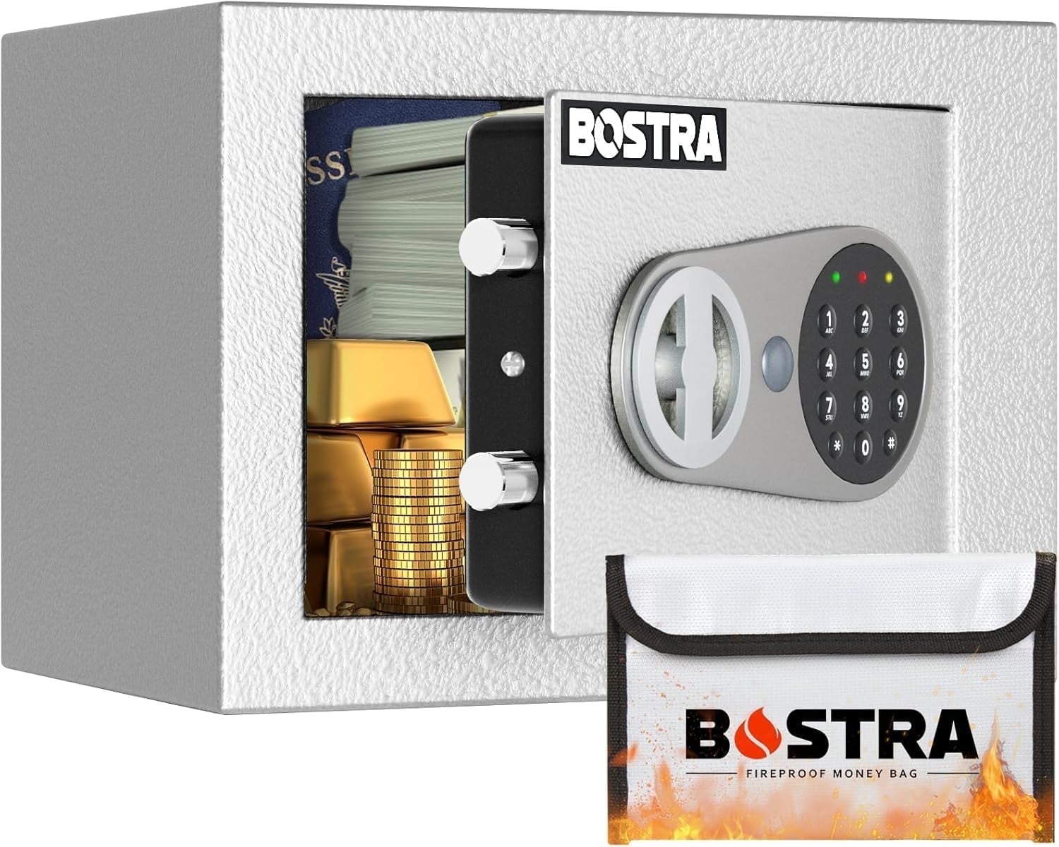 Bostra Digital Safe Box with Alarm System, Sensor Light & Fireproof Bag ...