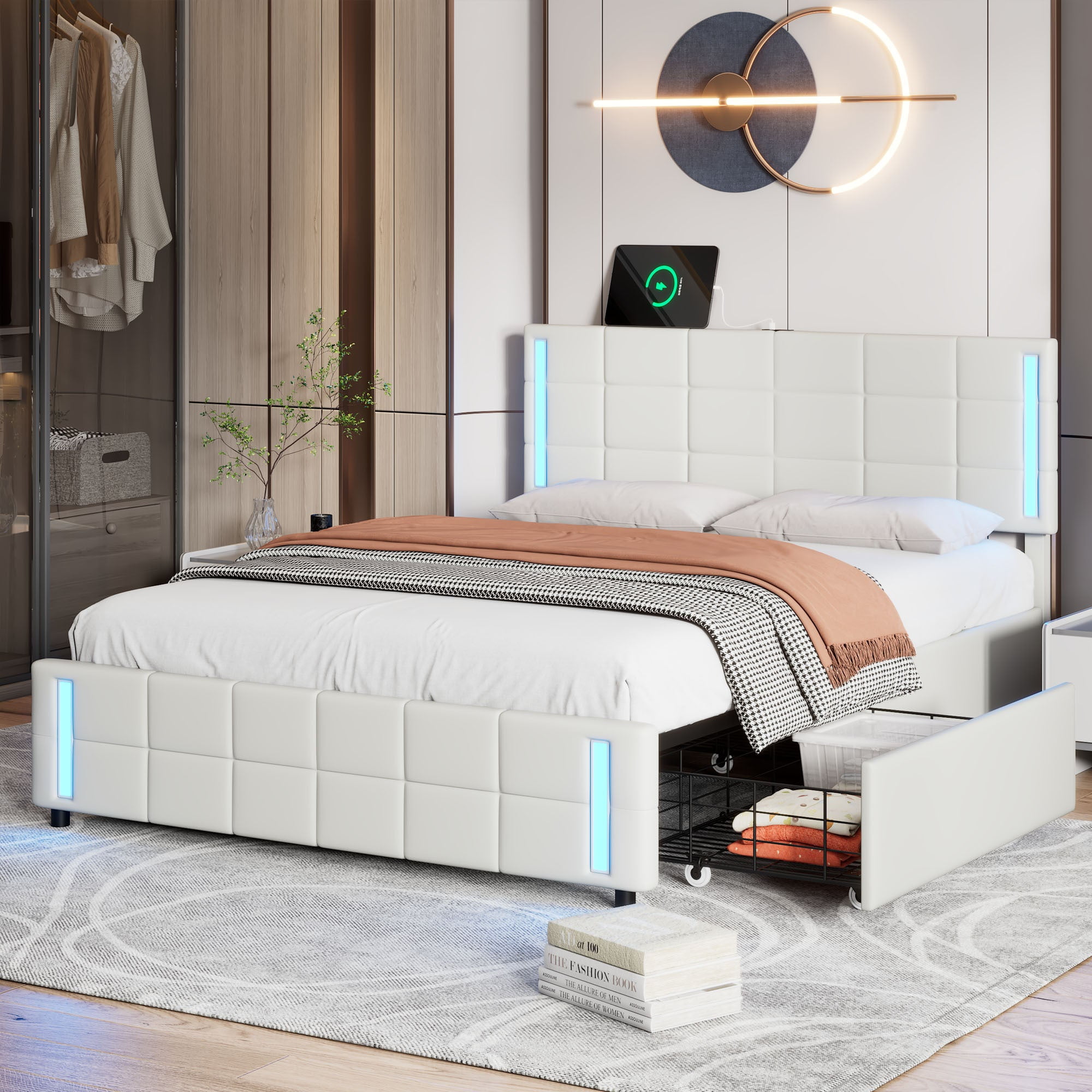 Bot Queen Size Platform Bed with LED - White - Walmart.com
