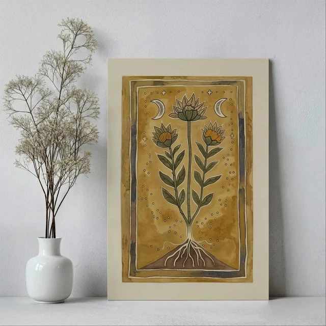 Botanic Flower Crescent Moon Folk Art Style Wall Art Home Decor Vintage ...