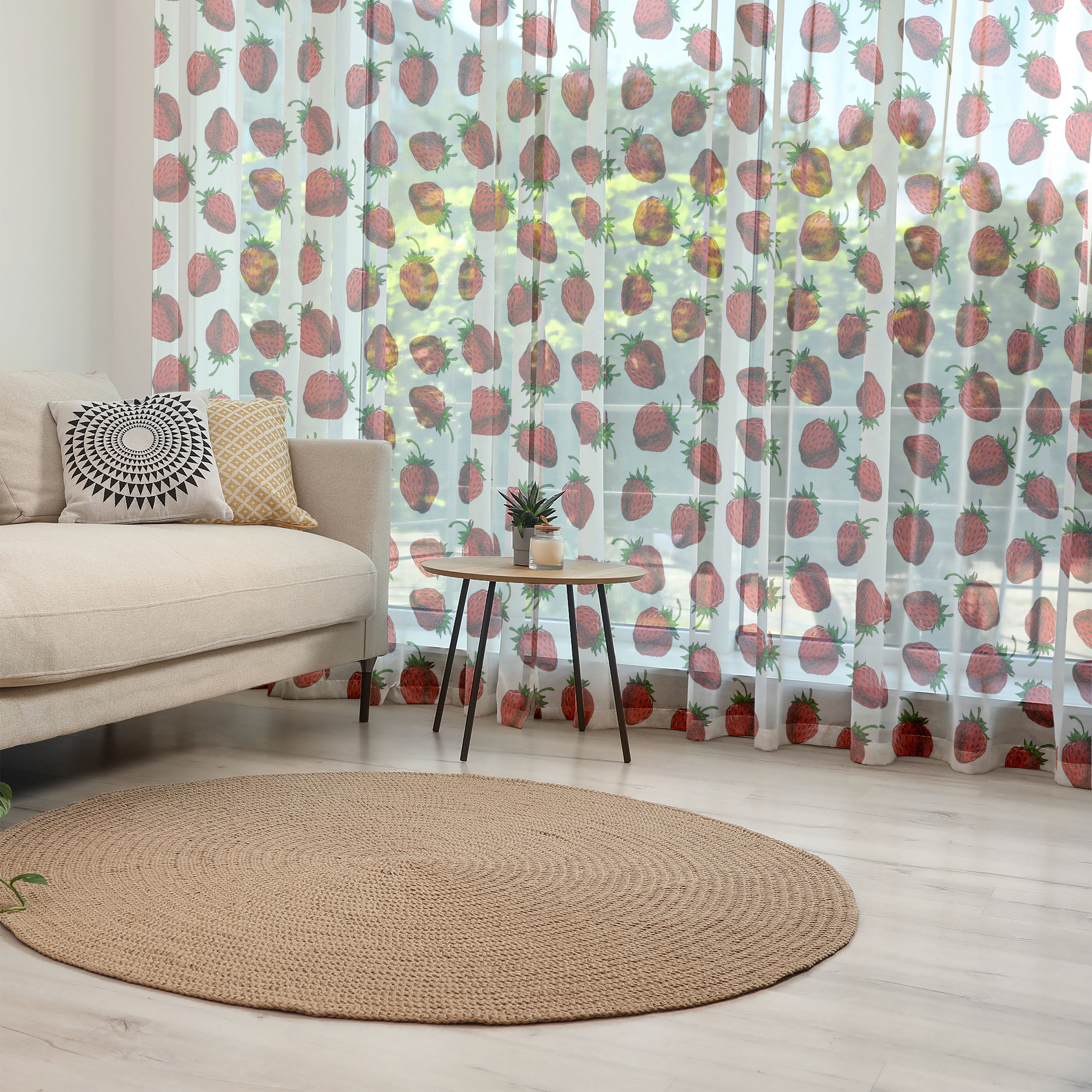 Botanic Tulle Curtains with Rod Pocket, Vibrant Hand Drawn Strawberry ...