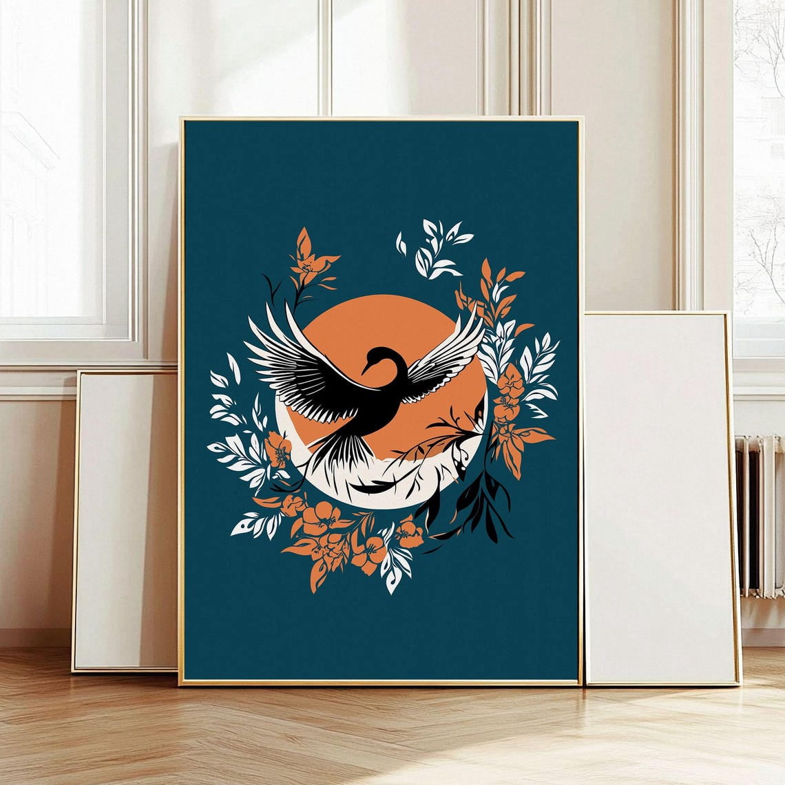 Botanical Artwork For Living Room Entryway, Orange Circle Motive Wall ...