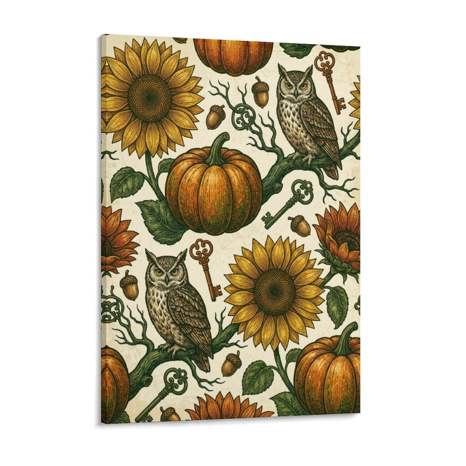 Botanical Autumn Harvest with Owls Pumpkins And Sunflowers Versatile ...