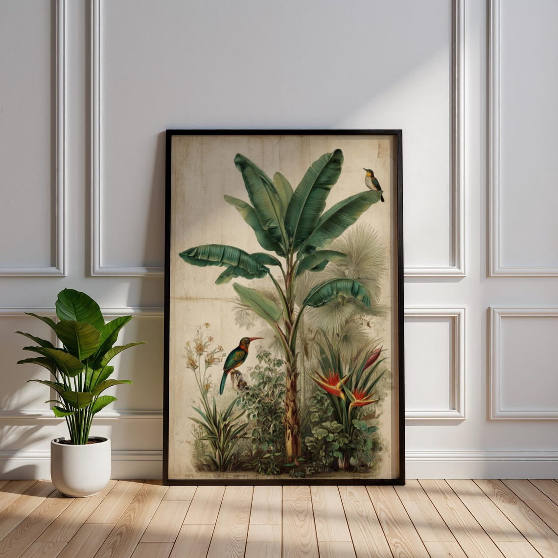 Botanical Banana Tree And Bird Of Paradise Art Print, Unframed Paper ...