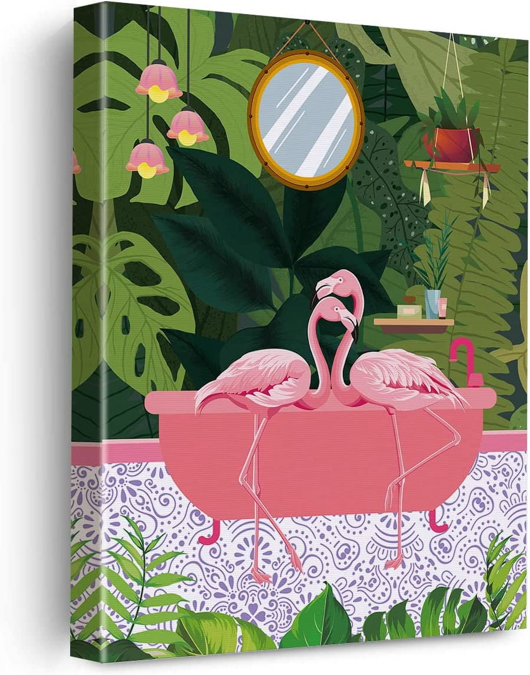 Botanical Bath Canvas Poster Painting Bathroom Wall Art, Pink Flamingos ...