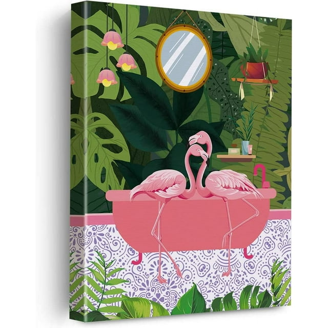 Botanical Bath Canvas Poster Painting Bathroom Wall Art, Pink Flamingos ...