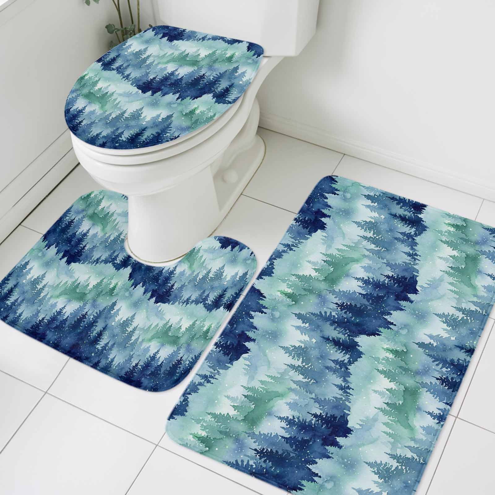 Botanical Bathroom Rugs Set Spring Watercolor Blue Trees Mystic ...
