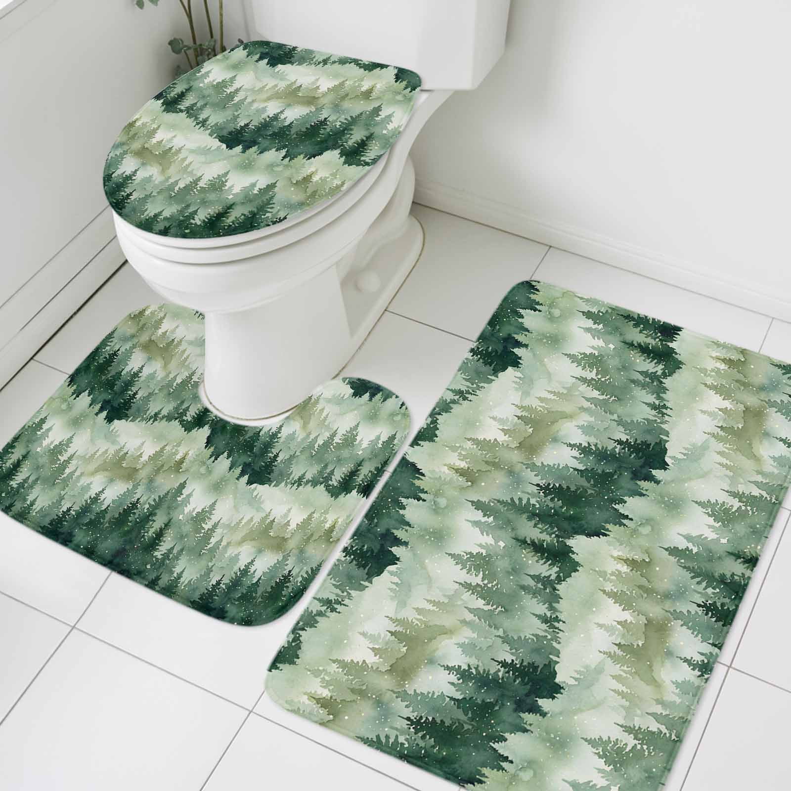 Botanical Bathroom Rugs Set Spring Watercolor Green Trees Mystic ...