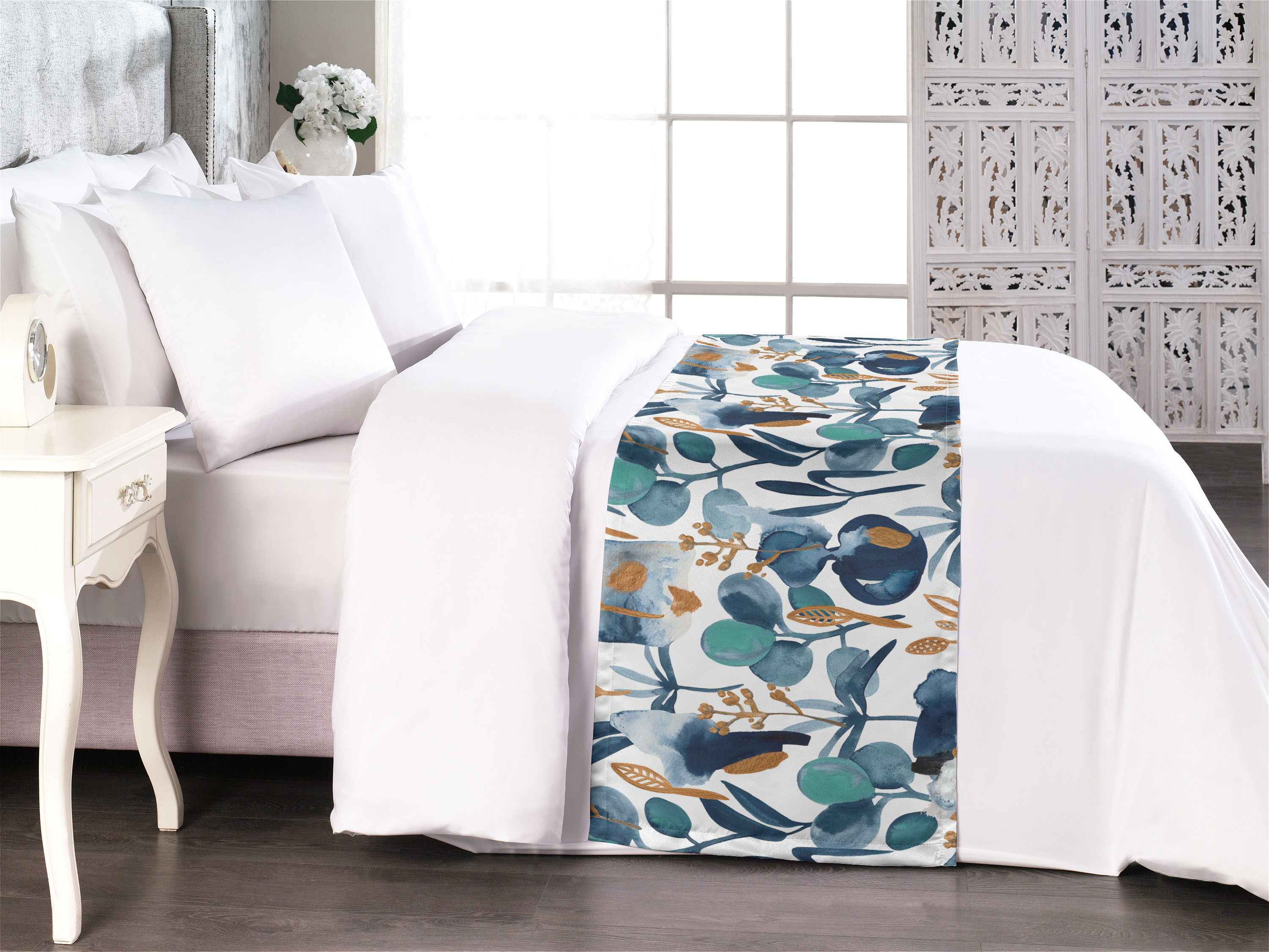 Botanical Bed Runner, Watercolor Design Blooming Leaves and Branches ...