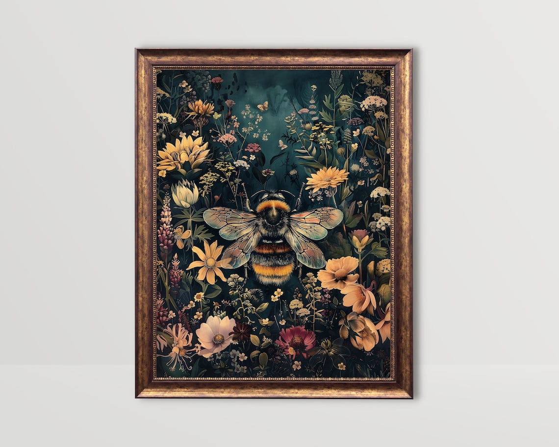 Botanical Bee, Insect Wall Art, Vintage Wildflower Floral Gothic Moody ...