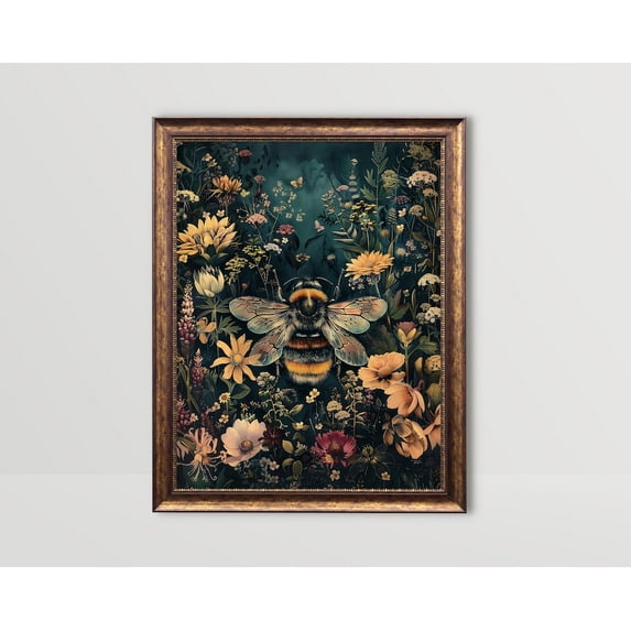 Botanical Bee, Insect Wall Art, Vintage Wildflower Floral Gothic Moody ...