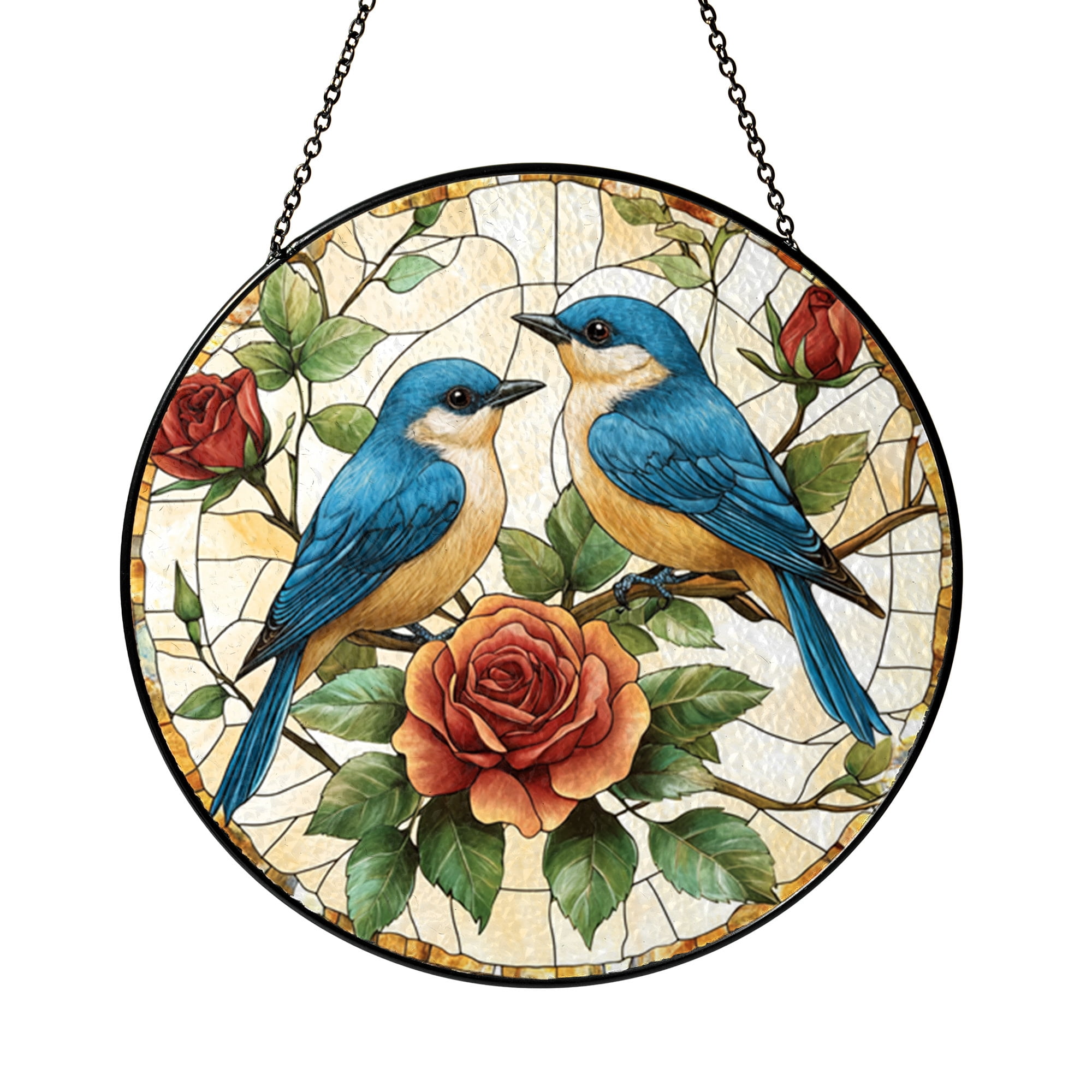 Botanical Bird and Rose Stained Glass Suncatcher, Window Decor Hanging ...