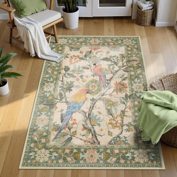 Botanical Birds 3x5 Washable Kitchen Rugs for Bathroom, Boho Entryway ...