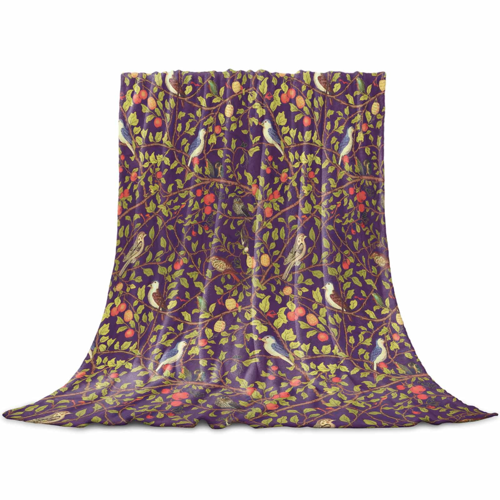 Botanical Birds Flannel Blanket for Bed, Art Abstract Leaves Purple ...