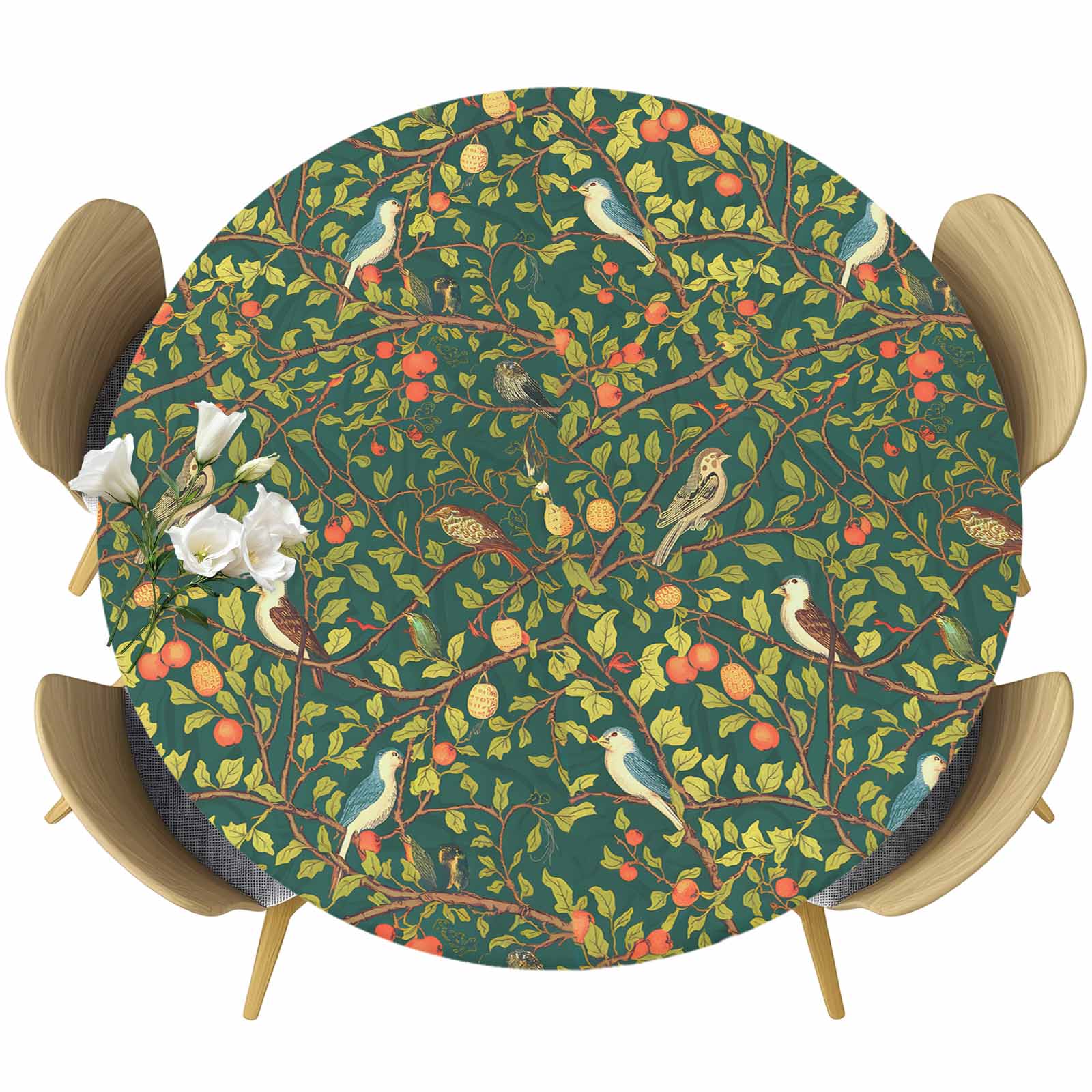 Botanical Birds Round Tablecloth 36-44 Inch Round Fitted Table Cloth ...