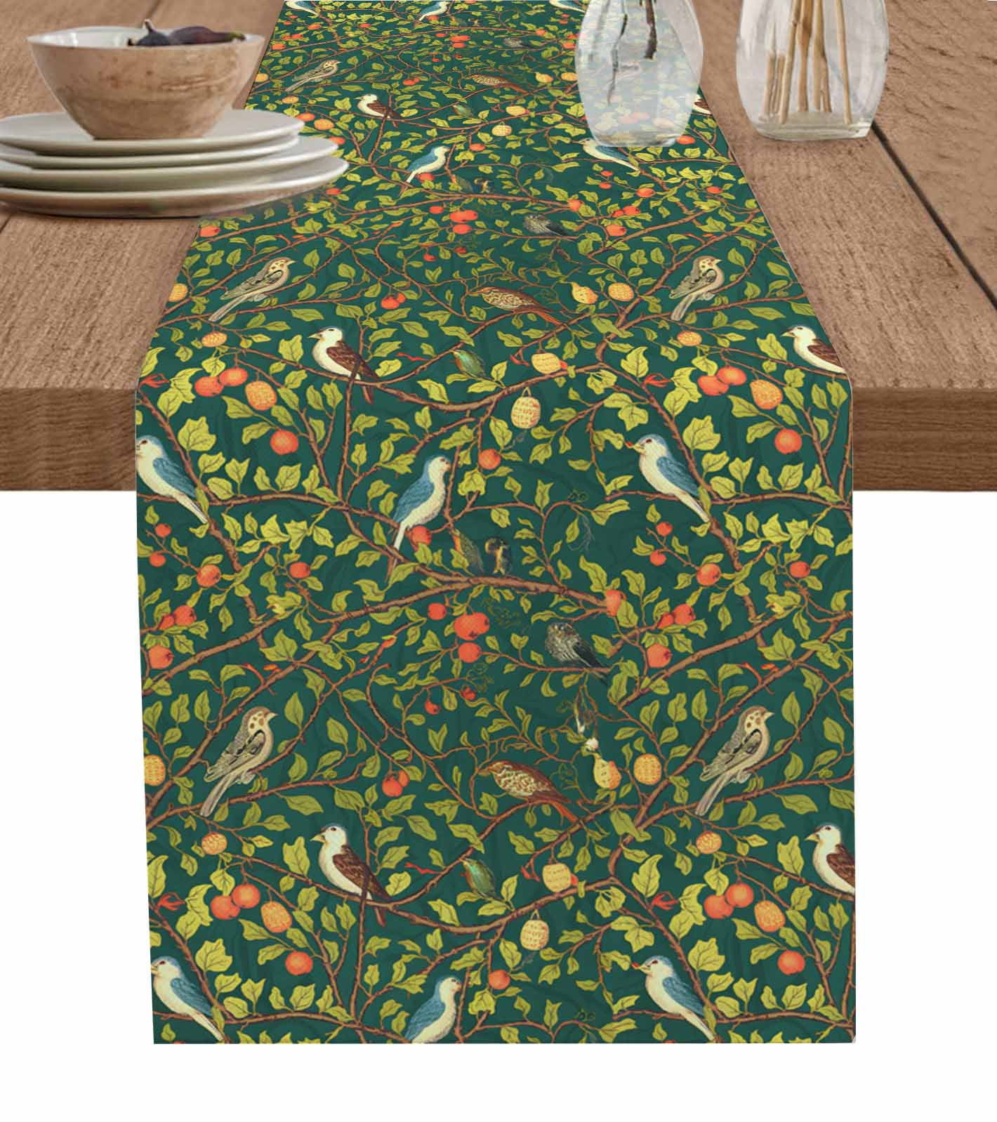 Botanical Birds Table Runner 72 Inches, Art Abstract Leaves Green Bed ...