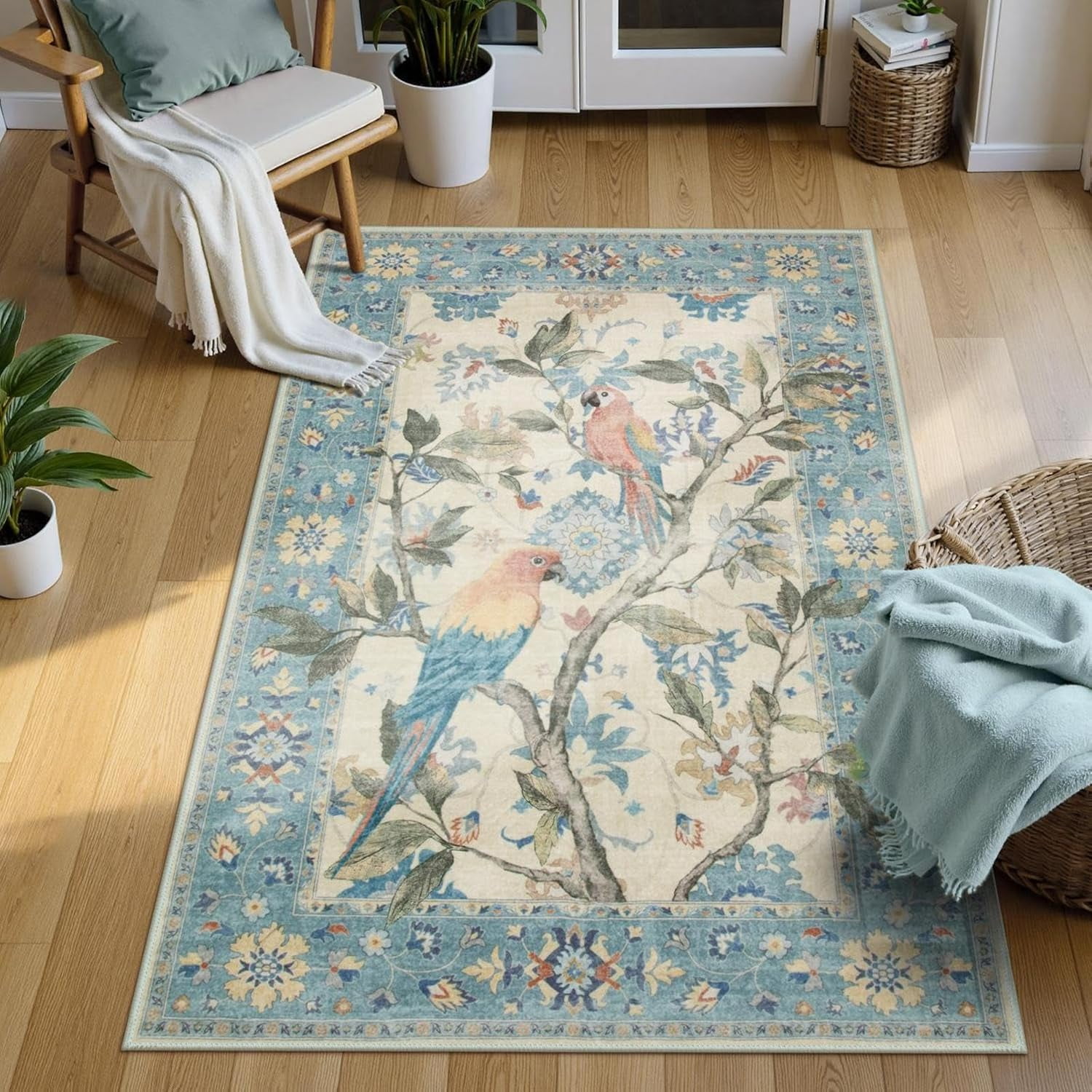 Botanical Birds Washable Blue 3x5 Rugs for Entryway, Non Slip Kitchen ...