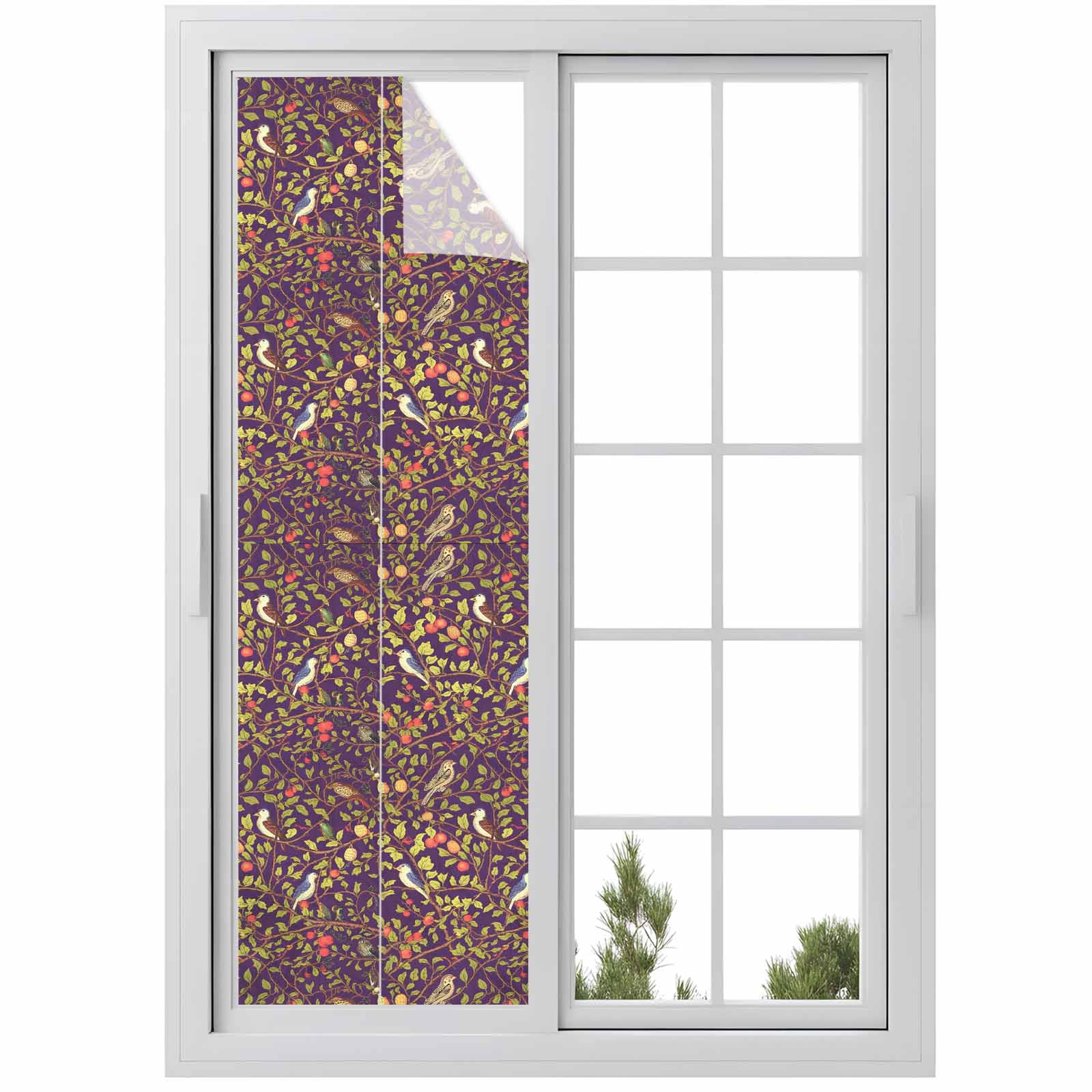 Botanical Birds Window Privacy Film, Art Abstract Leaves Purple Static ...