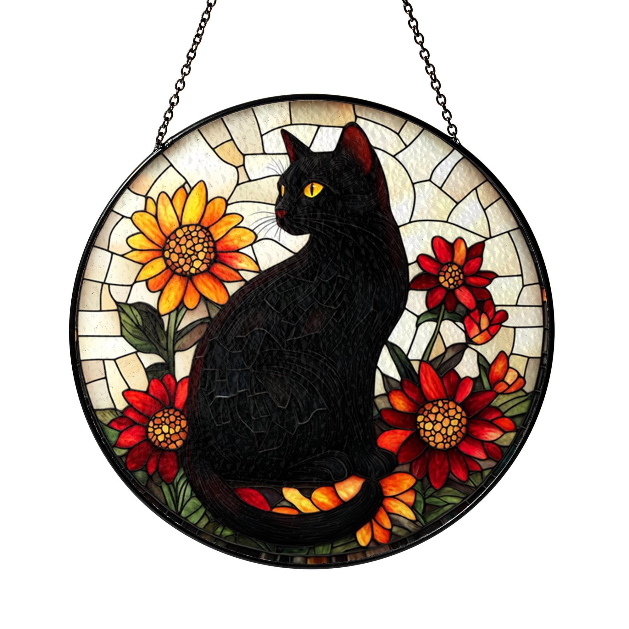 Botanical Black Cat Glass Suncatcher Window Decor Enchanted Nature Art ...