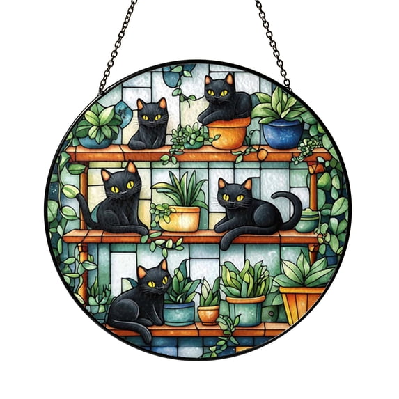 Botanical Black Cat Stained Glass Style Suncatcher Window Hanging Decor ...
