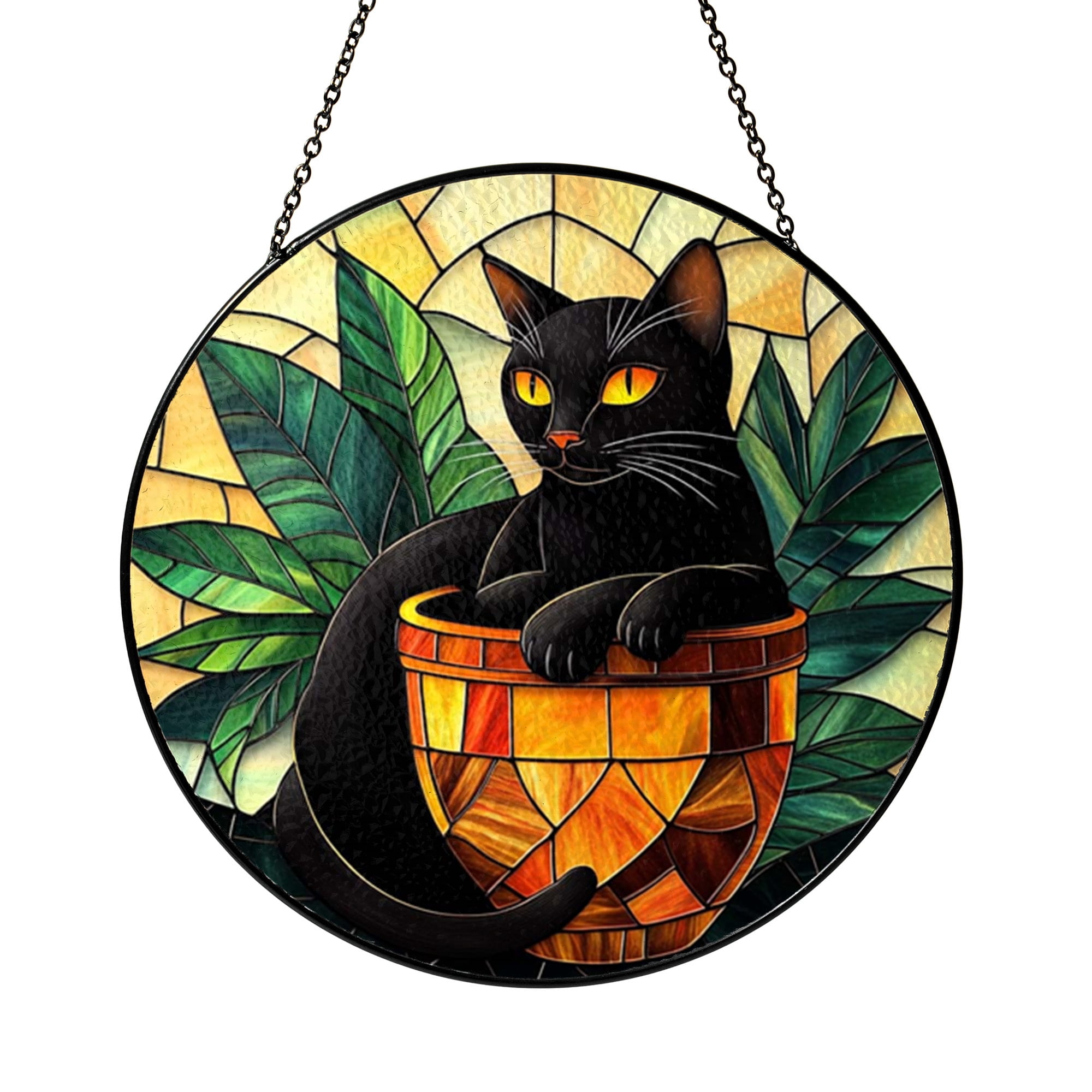 Botanical Black Cat Stained Glass Style Window Suncatcher, Decorative ...