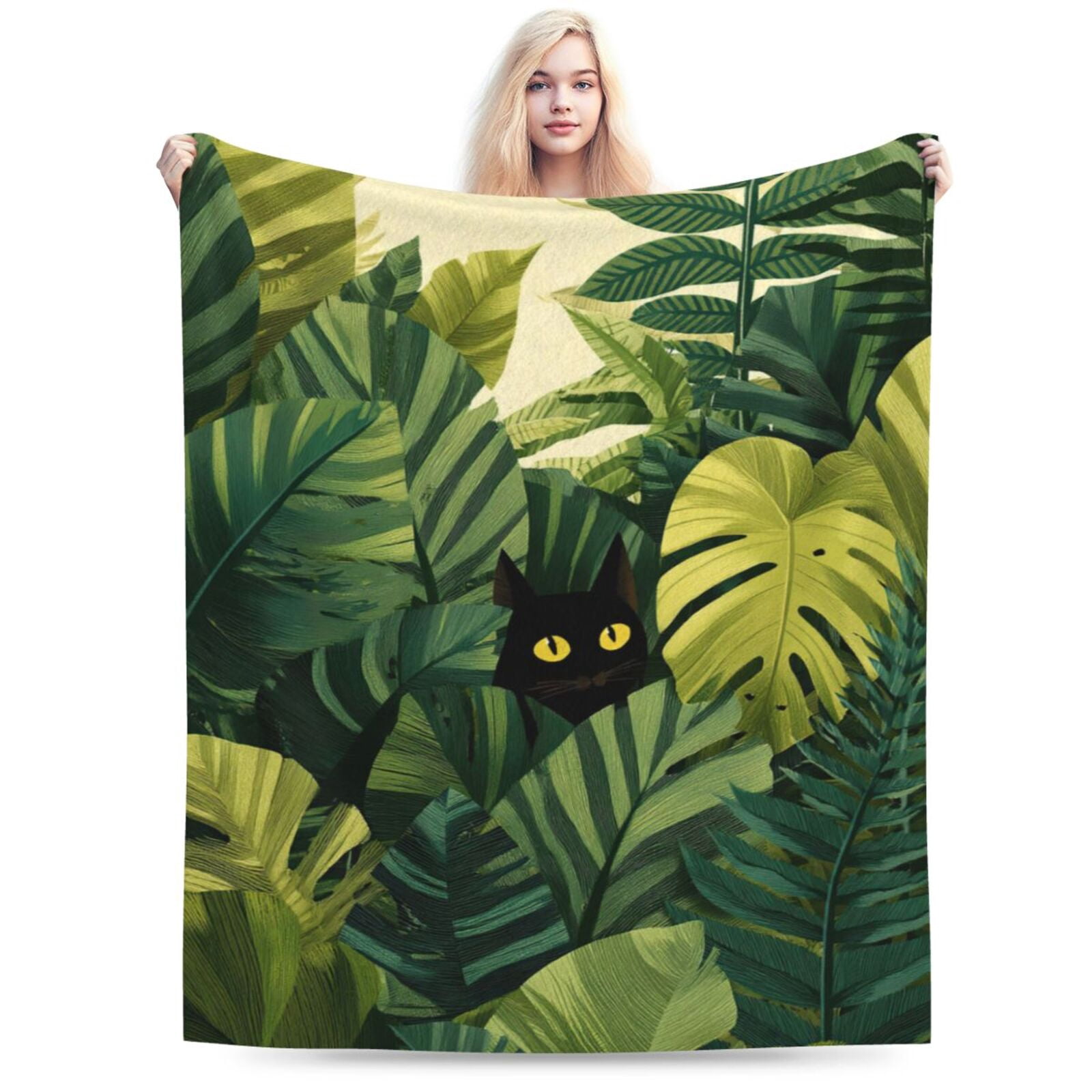 Botanical Black Cat Throw Blanket, Green Monstera Plant Design, Soft ...
