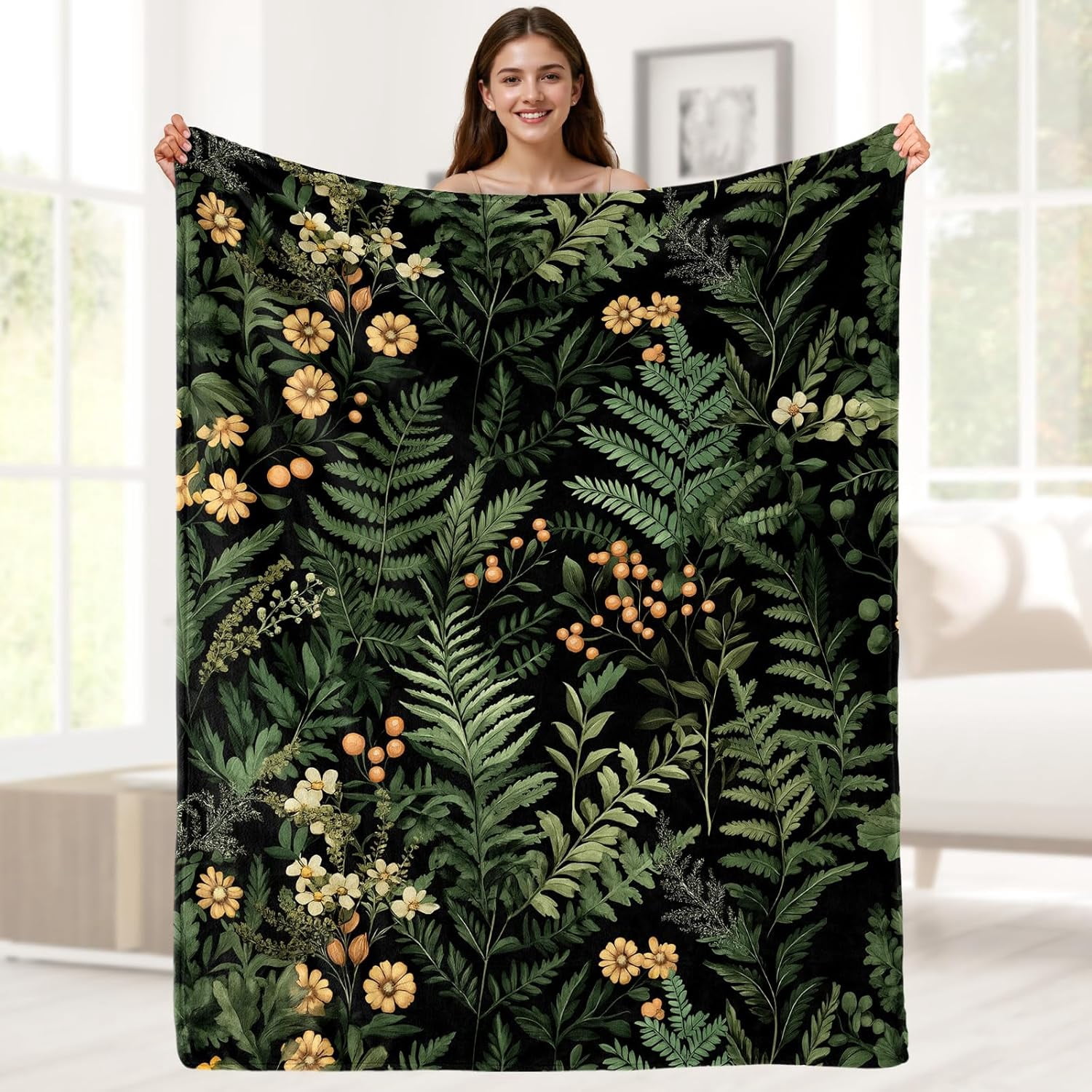 Botanical Blanket Gifts for Plant Lover Wildflowers Plant Fern Leaves ...